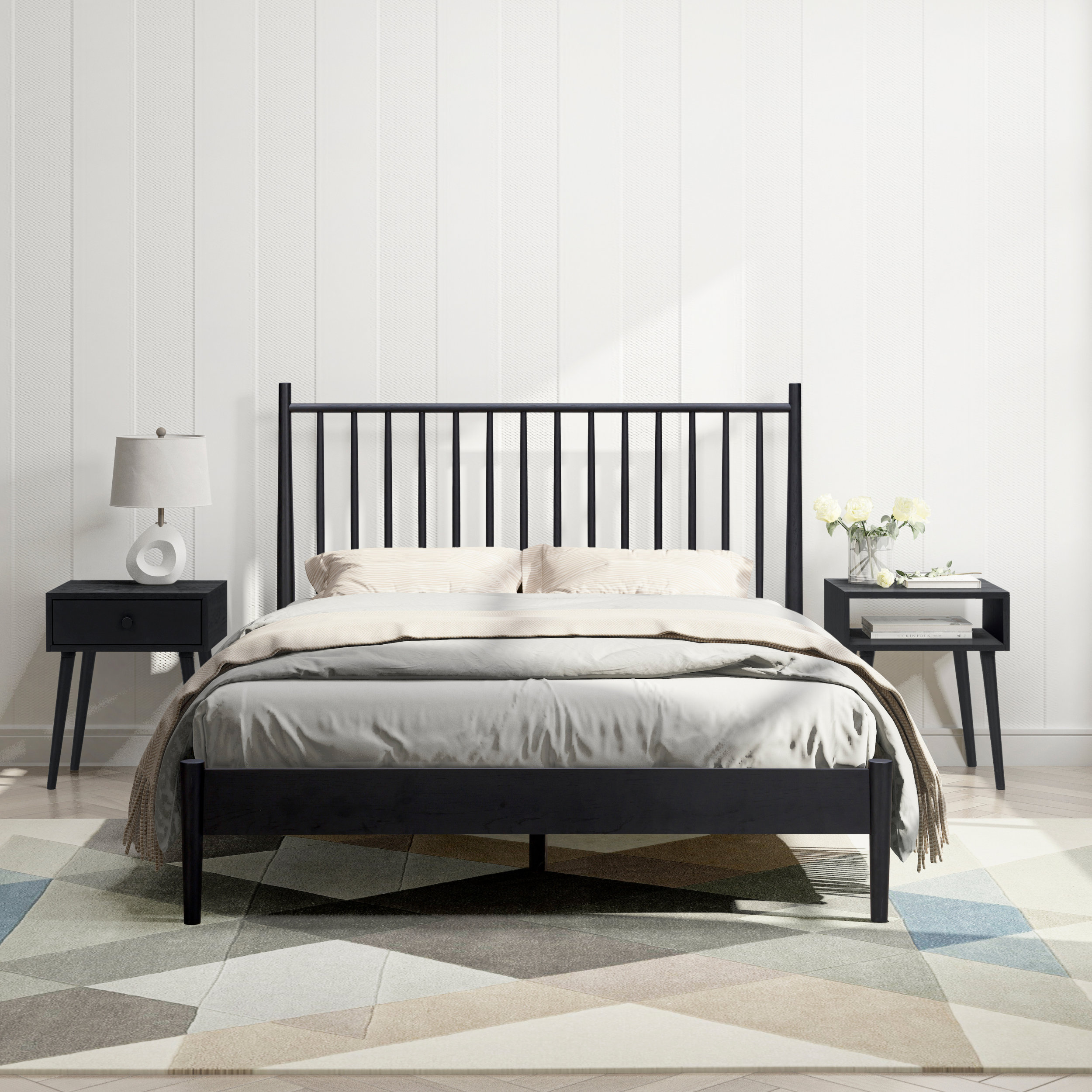 NTC Inno Solid Wood Bed Frame with Spindle Headboard and Silent Slats ...