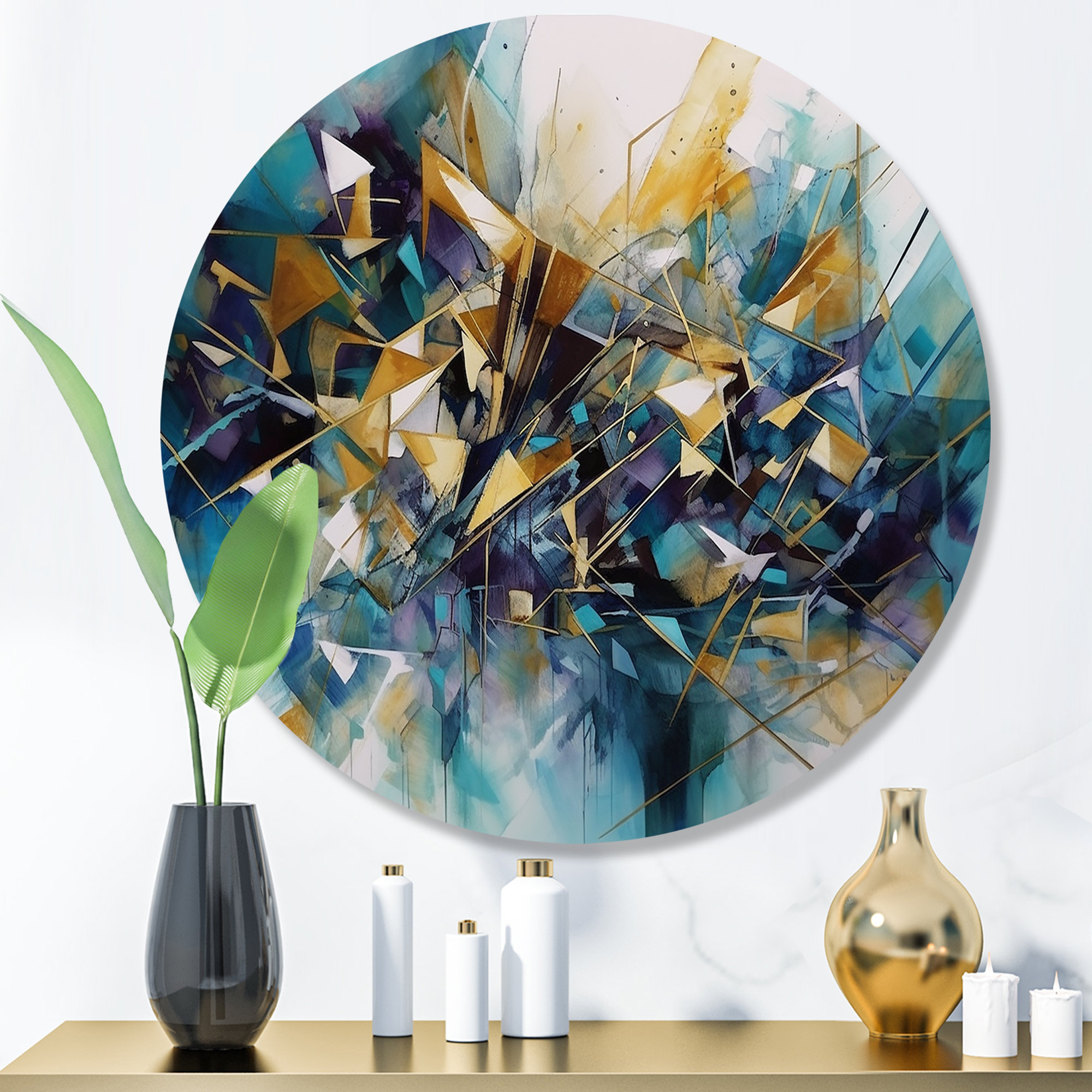 Design Art Golden Explosion Triangles III Round Wall Decor Metal | Wayfair