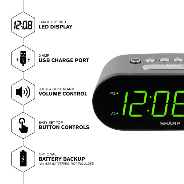 Sharp Digital Alarm Clock, Electric Operated, Tabletop, 2 AMP High ...