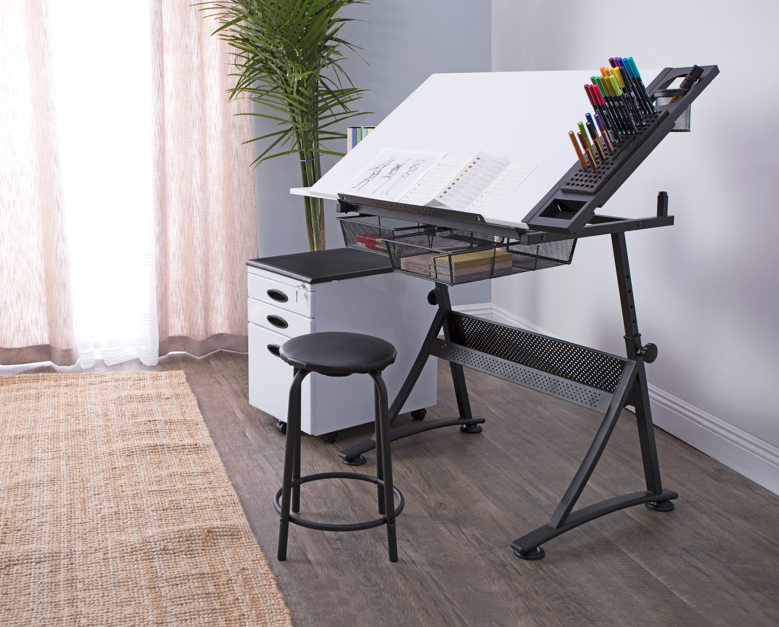Inbox Zero Crase Height Adjustable Drafting Table and Chair Set ...