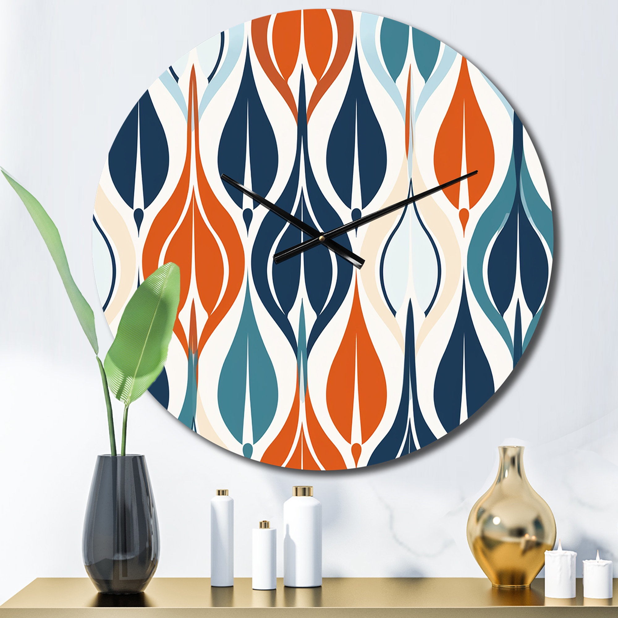 Design Art Orange Blue Botanical Symphony I Metal Wall Clock | Wayfair