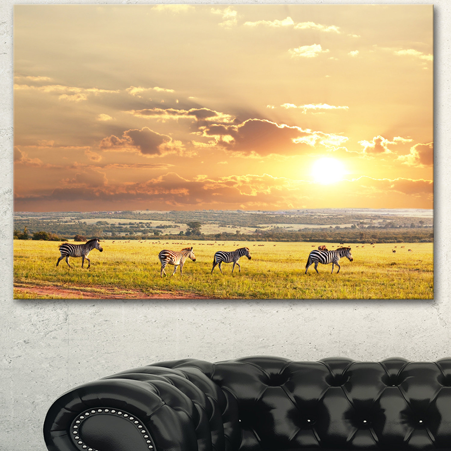 Design Art Zebras Wandering in African Prairie - Wrapped Canvas ...