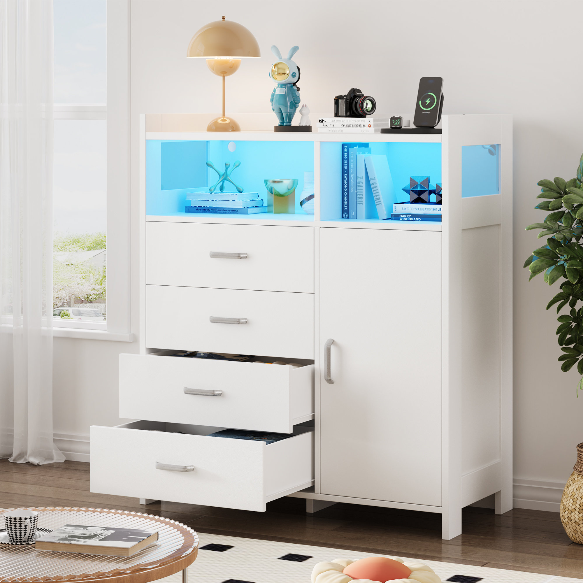 Wrought Studio™ Kosuke 4 - Drawer Dresser for Bedroom with Charging Station and LED Lights ...