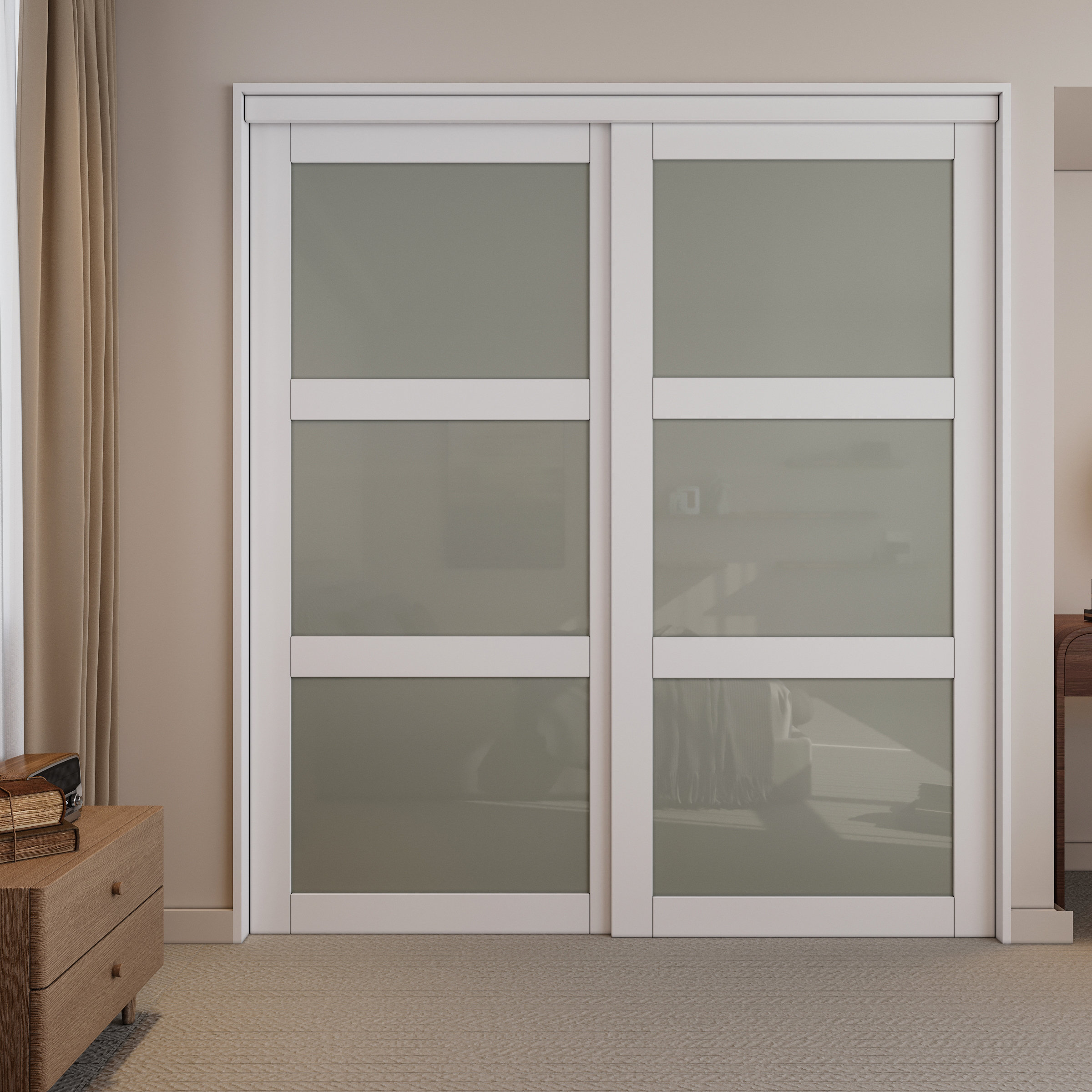 ARK DESIGN 80" White Prefinished 3-Lite Tempered Frosted Glass Sliding ...