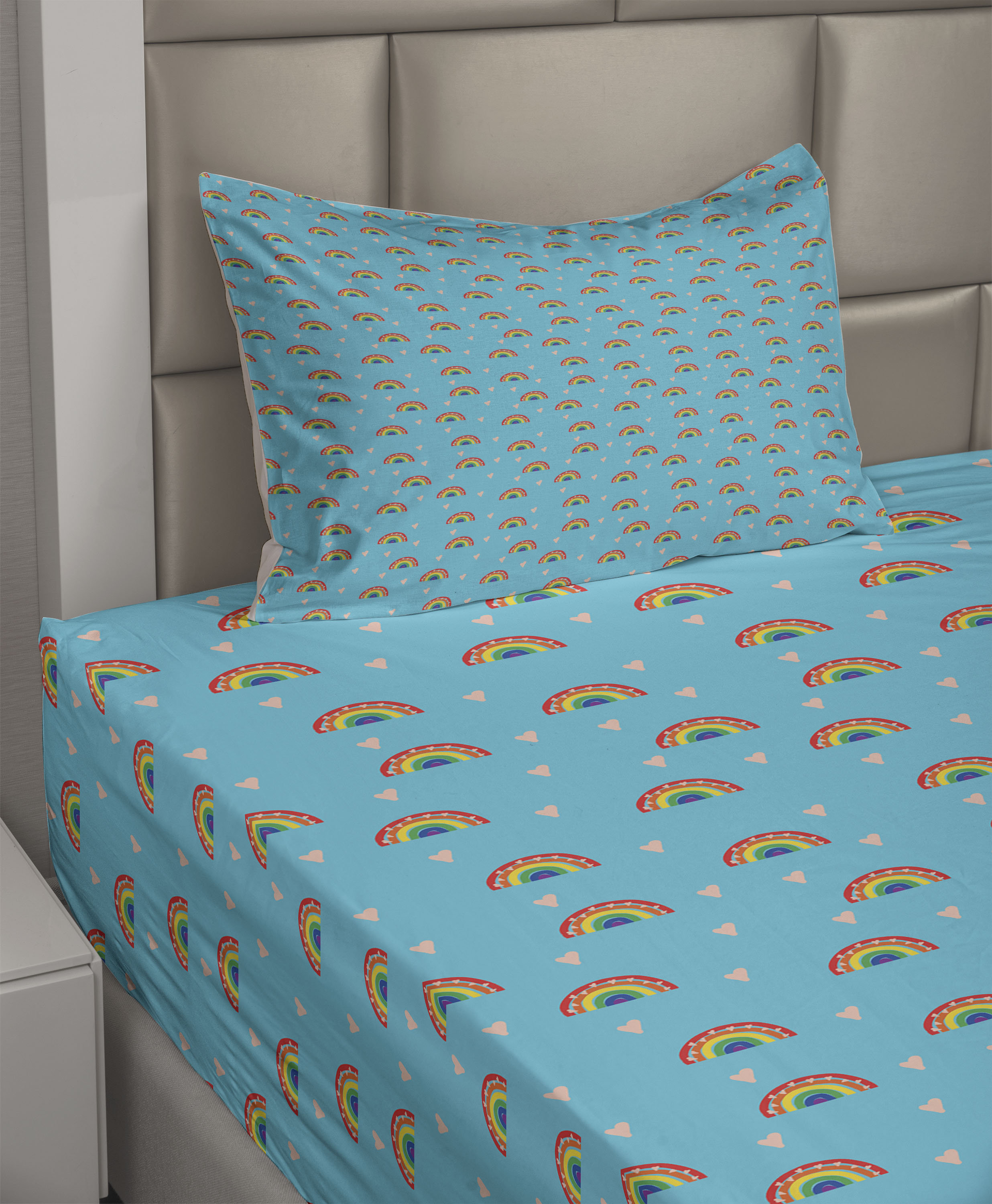 Ambesonne LGBT Sheet Set Rainbows and Hearts Pattern Sky Blue Green ...