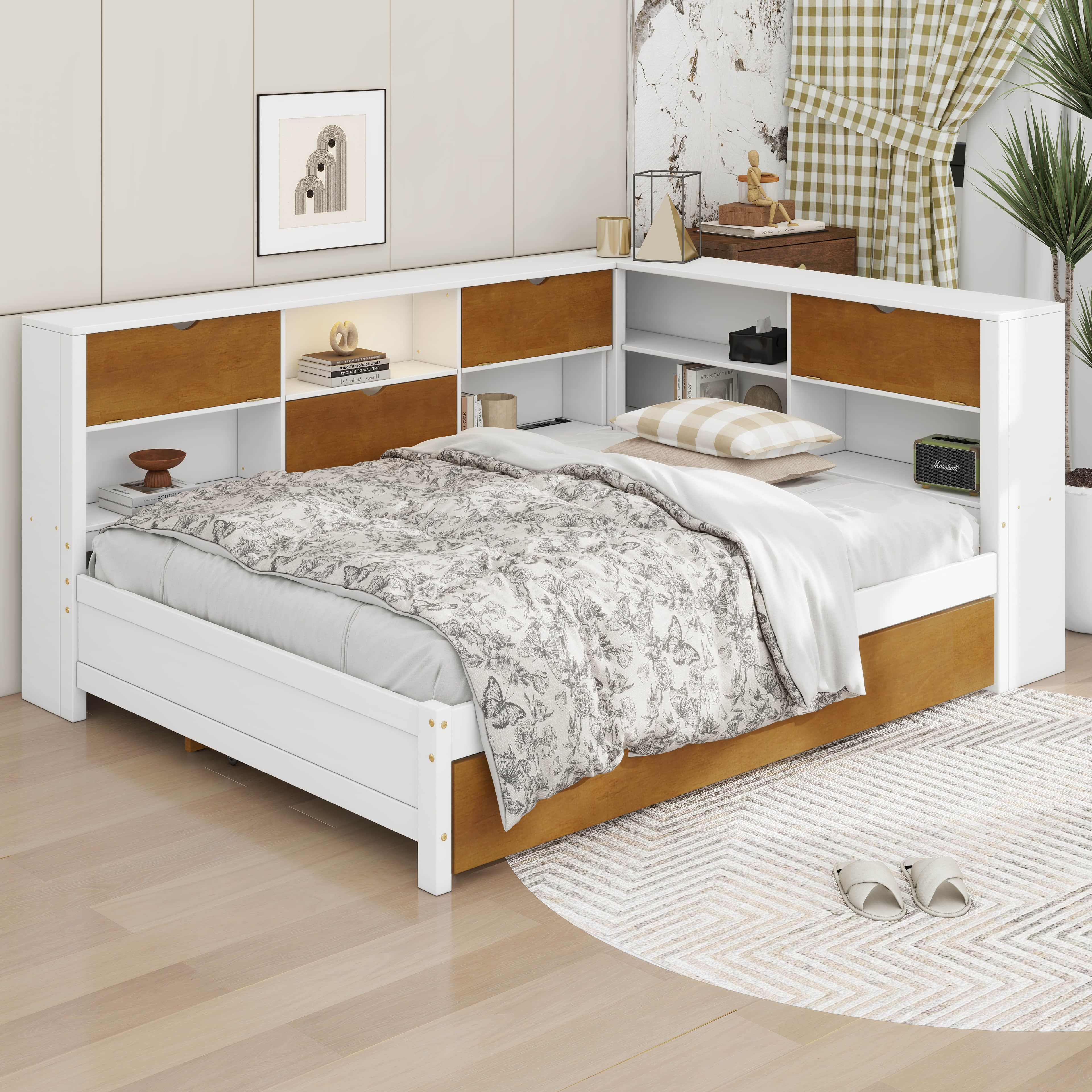 Lark Manor Corner Bed Wooden Captain L-Shaped Bed With Led Downlight ...