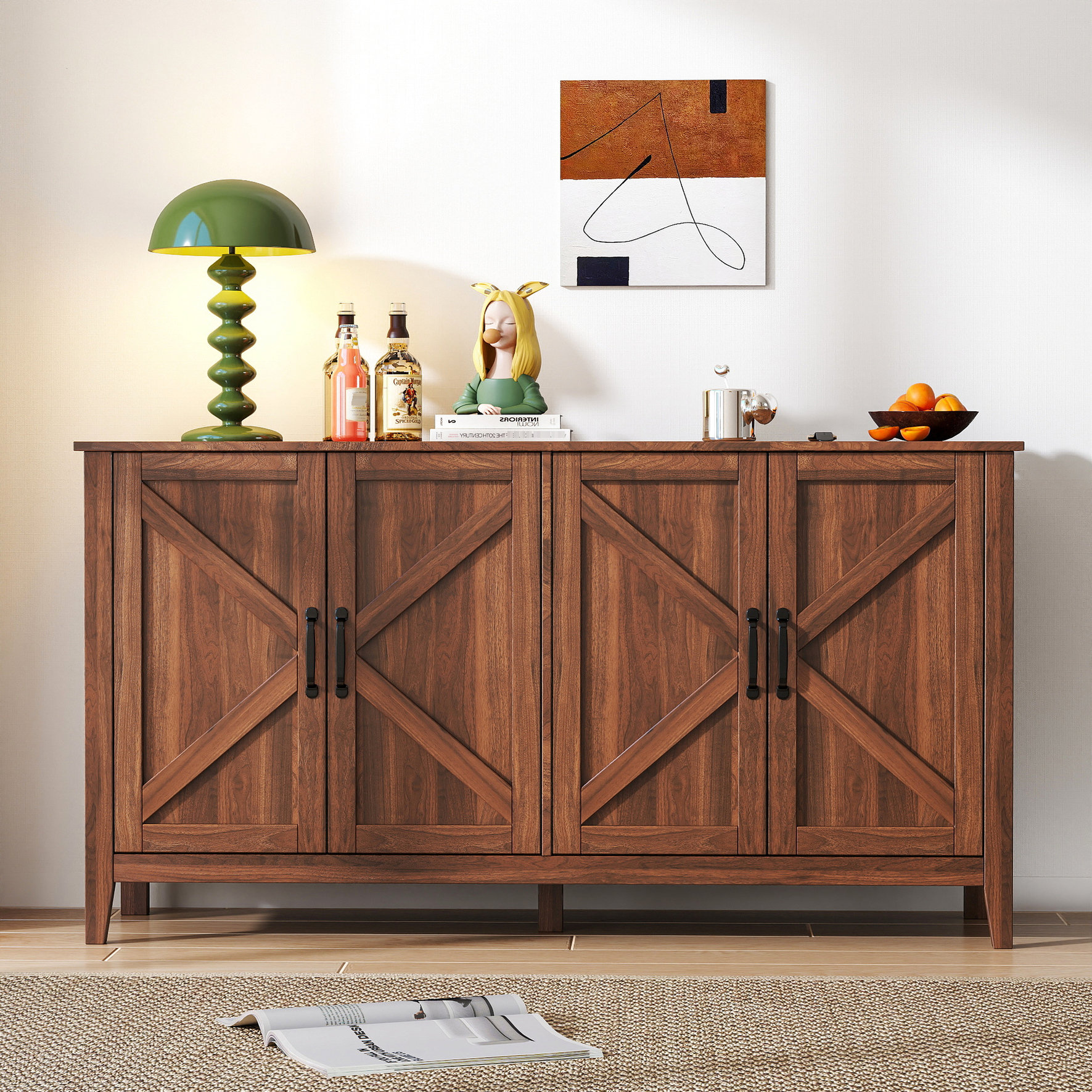 Ophelia & Co. Walnut Storage Cabinet With 4 Doors And Open Shelves ...