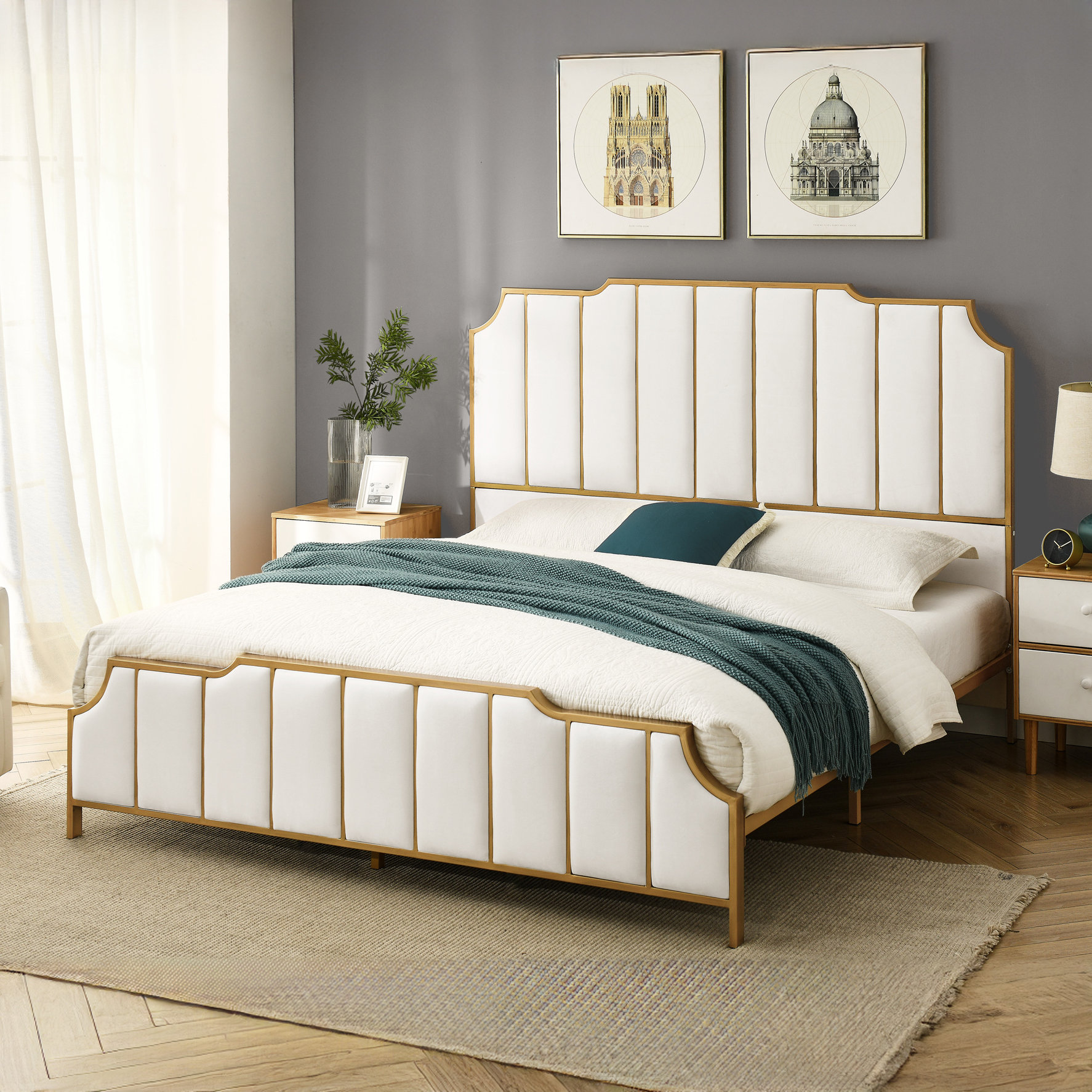 Rosdorf Park Velvet Platform Bed with Headboard, Upholstered Golden Bed ...