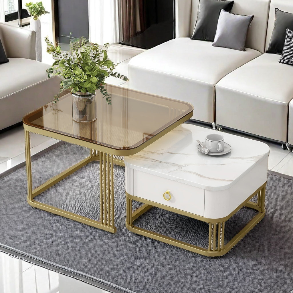 Mercer41 Nesting Coffee Table With Drawer, Set Of 2, Exquisite Square ...