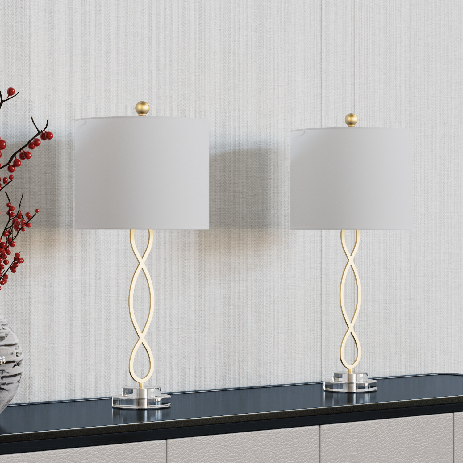 Everly Quinn Hallye 30.25" Tall Crystal Metal Table Lamp Set (Gold ...