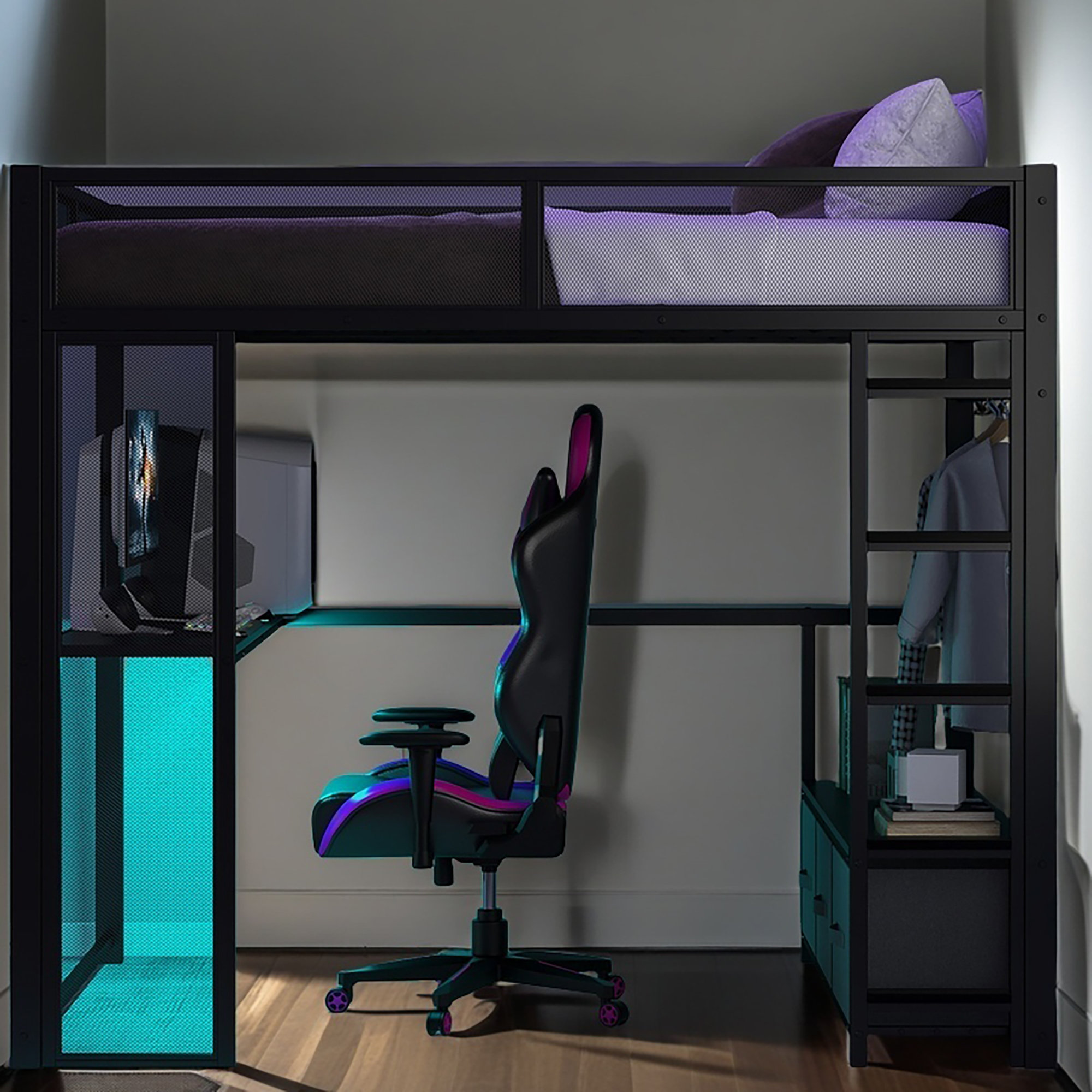 17 Stories Full Size Metal Gaming Loft Bed With LED, Desk, Open ...