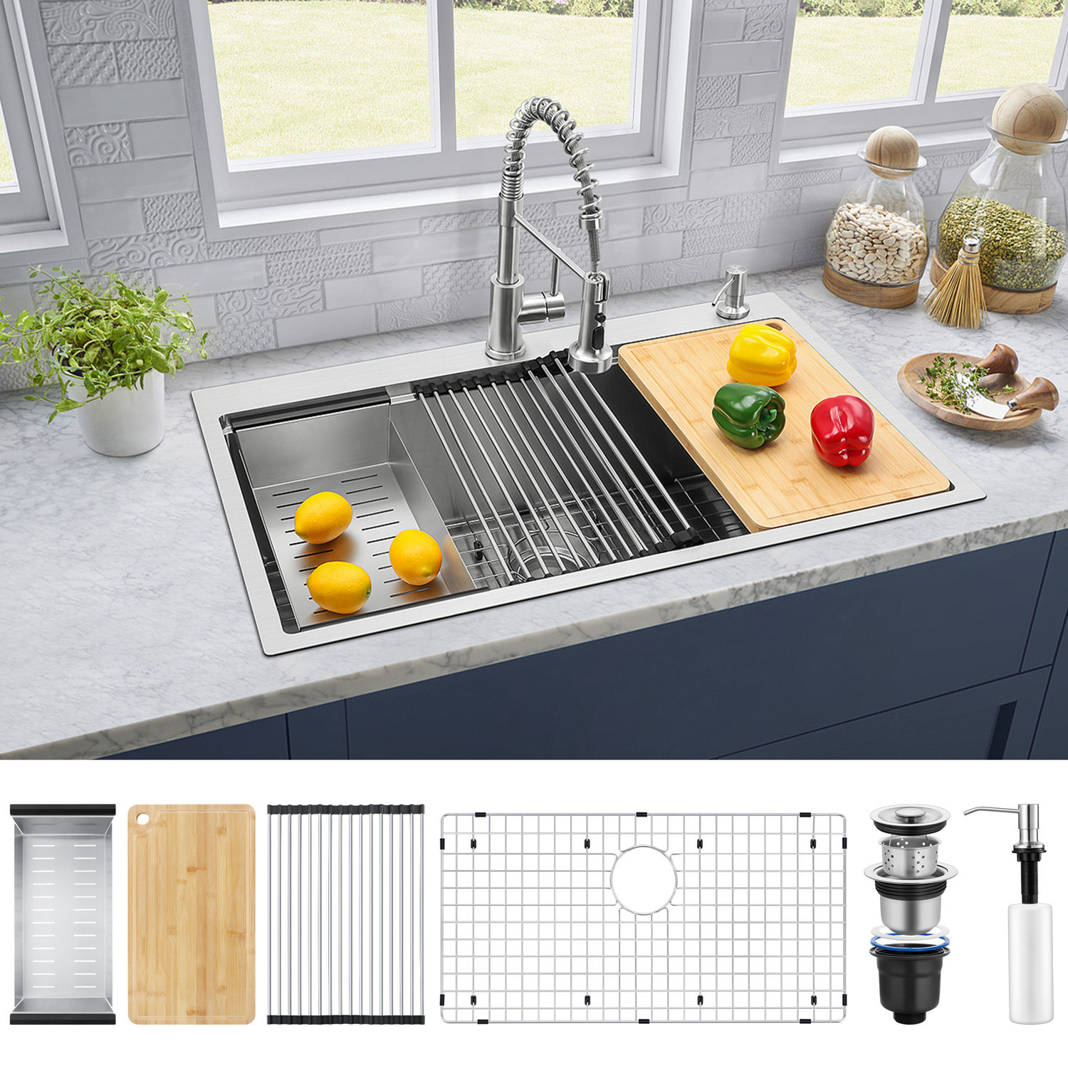 Wilmall 33'' L Drop-In Single Bowl Stainless Steel Kitchen Sink ...