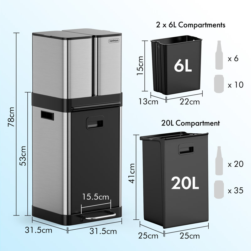 VonHaus Vertical Bins Step On Multi-Compartment Rubbish & Recycling Bin ...