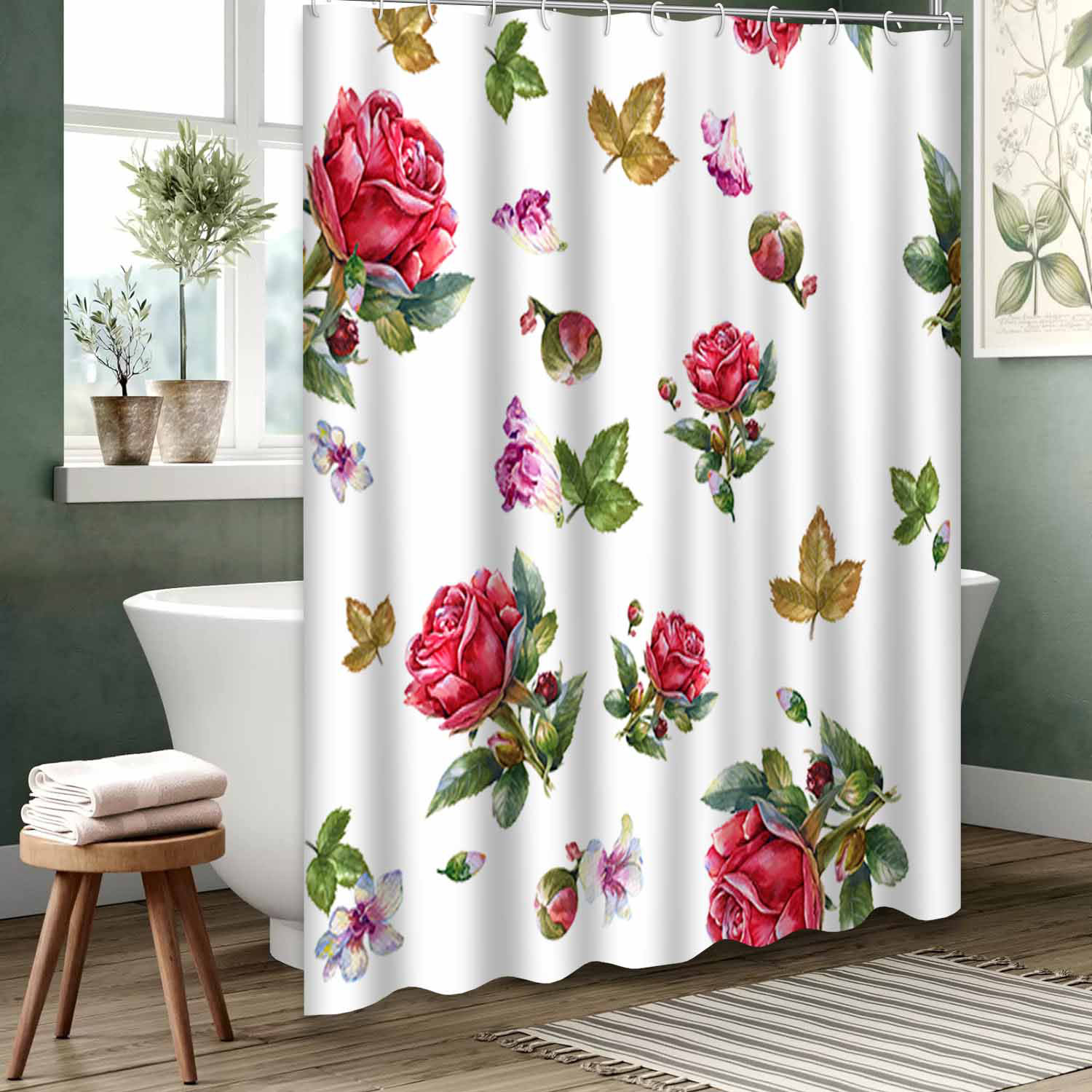FYATHM Tropical Rose Shower Curtain – Waterproof Red Watercolor Design ...
