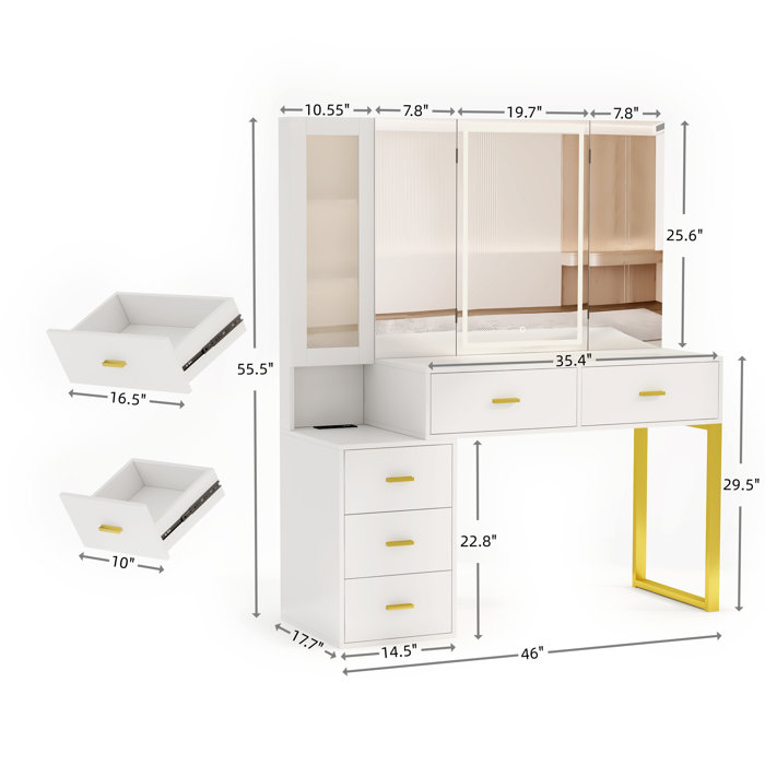 Mercer41 Priansh Vanity Desk with Mirror and Lights, Makeup Vanity with ...