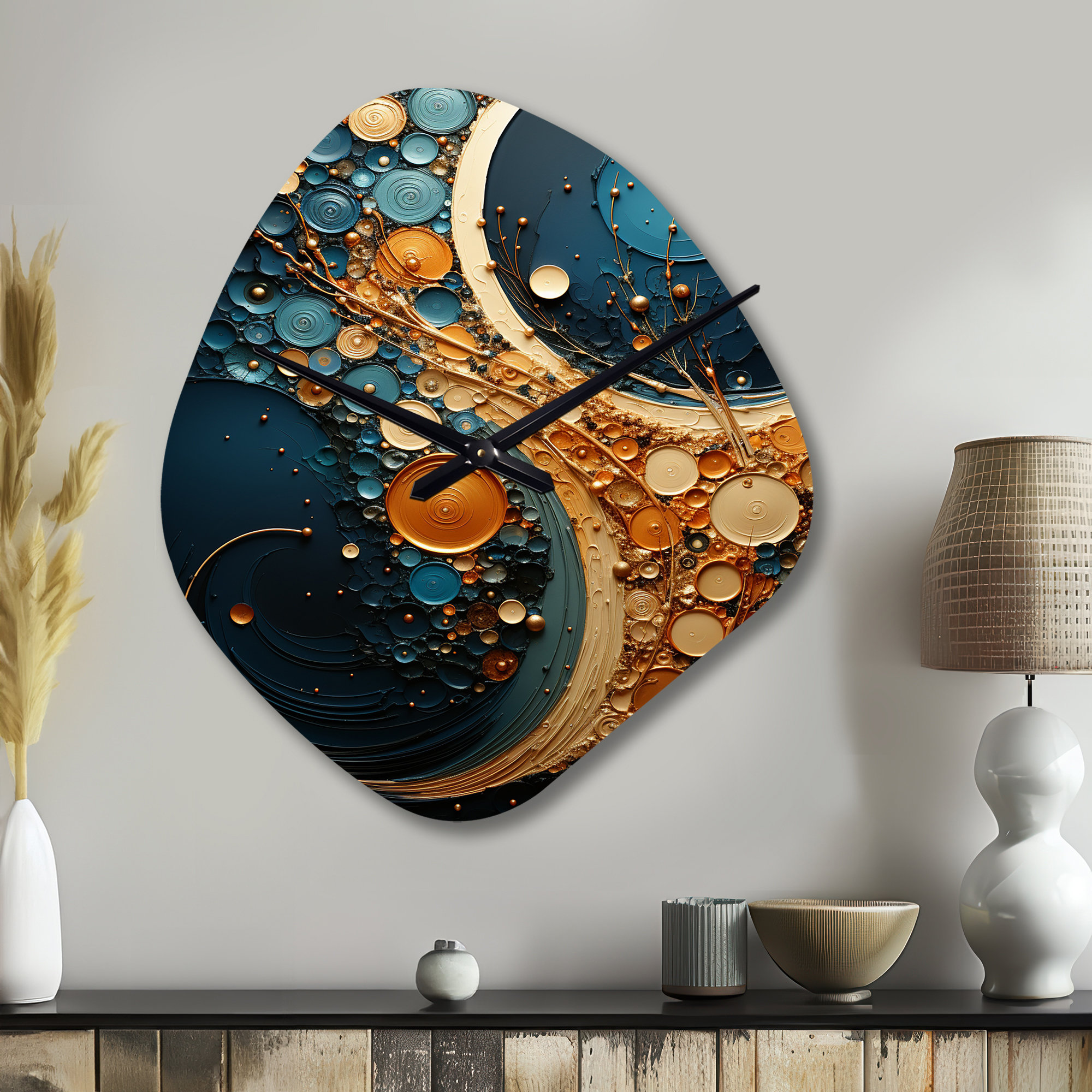 Design Art Gold Teal Abstract Spirals II - Nebula Shape Gold Wall Clock ...