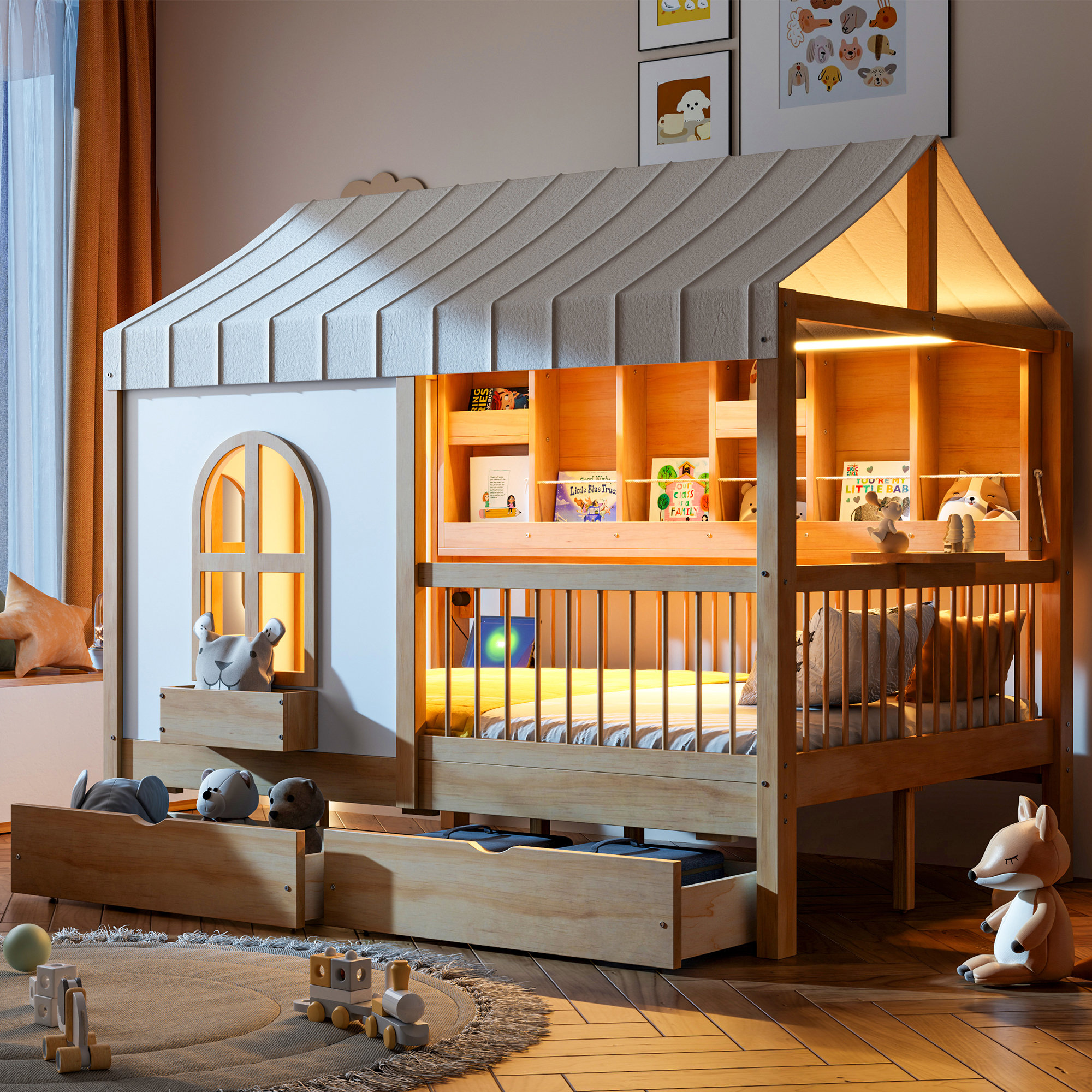 Harriet Bee Gurley House Bed with Drawers, Side Bookshelf, LED Lighting ...