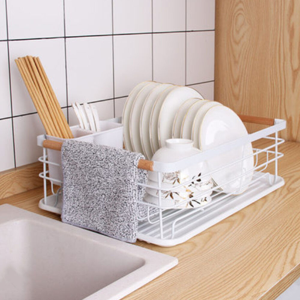 GGK Stainless Iron Wooden Handle Dish Drying Rack for Kitchen Counter ...