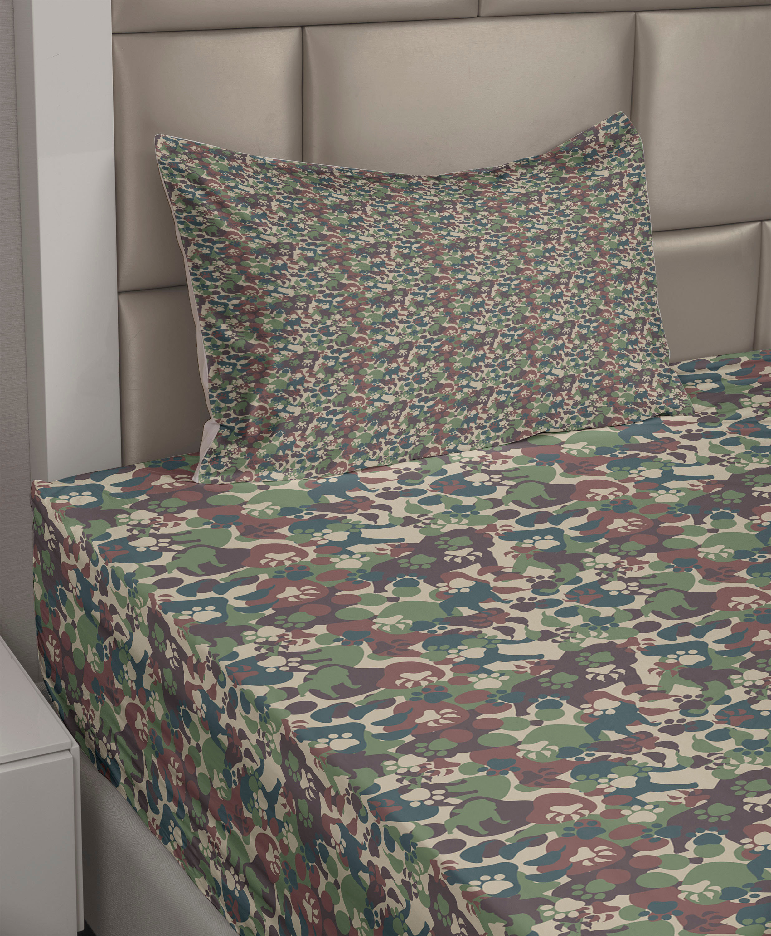 Ambesonne Dog Paw Sheet Set Camouflage Art Animal Feet Beige Green and ...