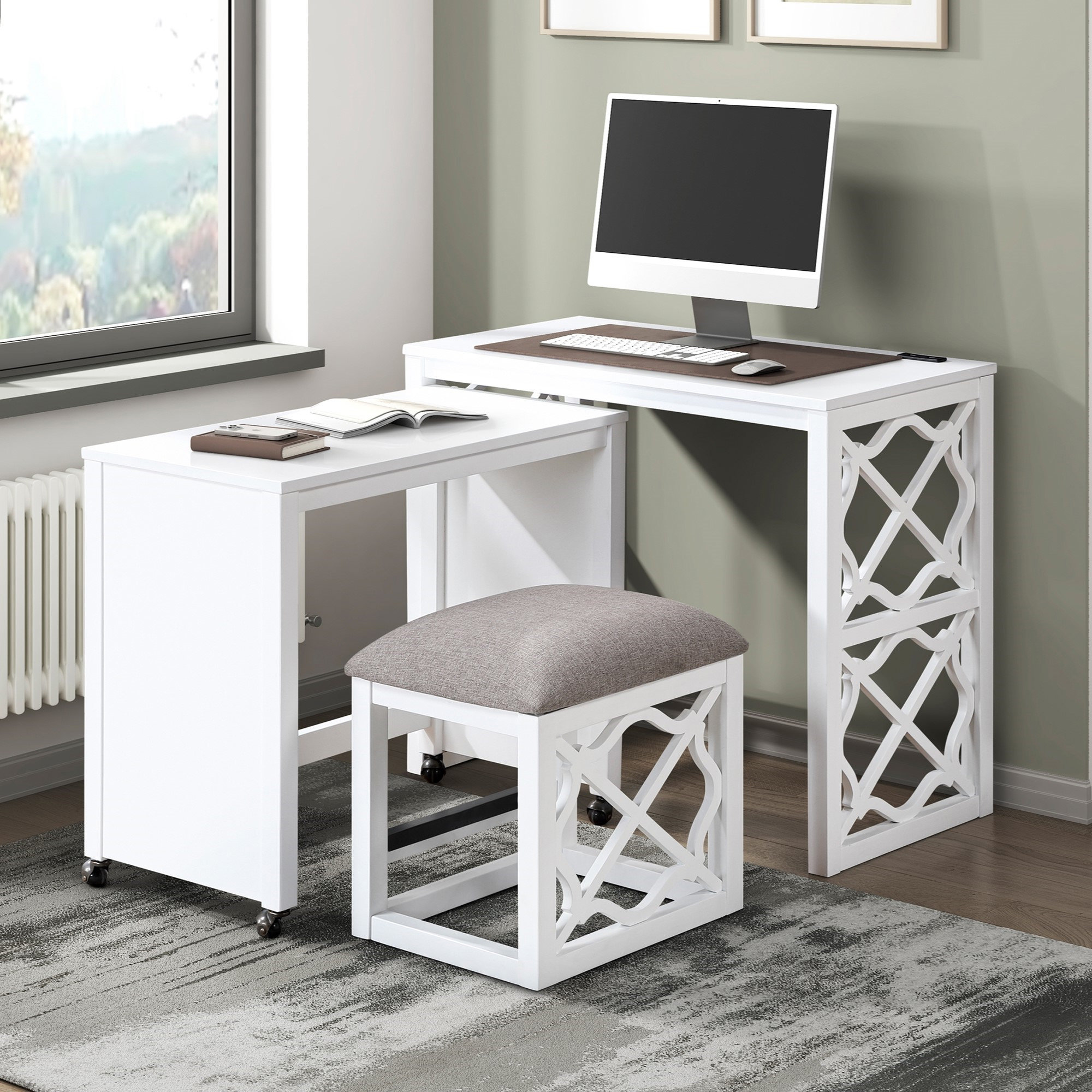17 Stories Desks And Stool Set 3Pc White Finish Rolling Desk With ...