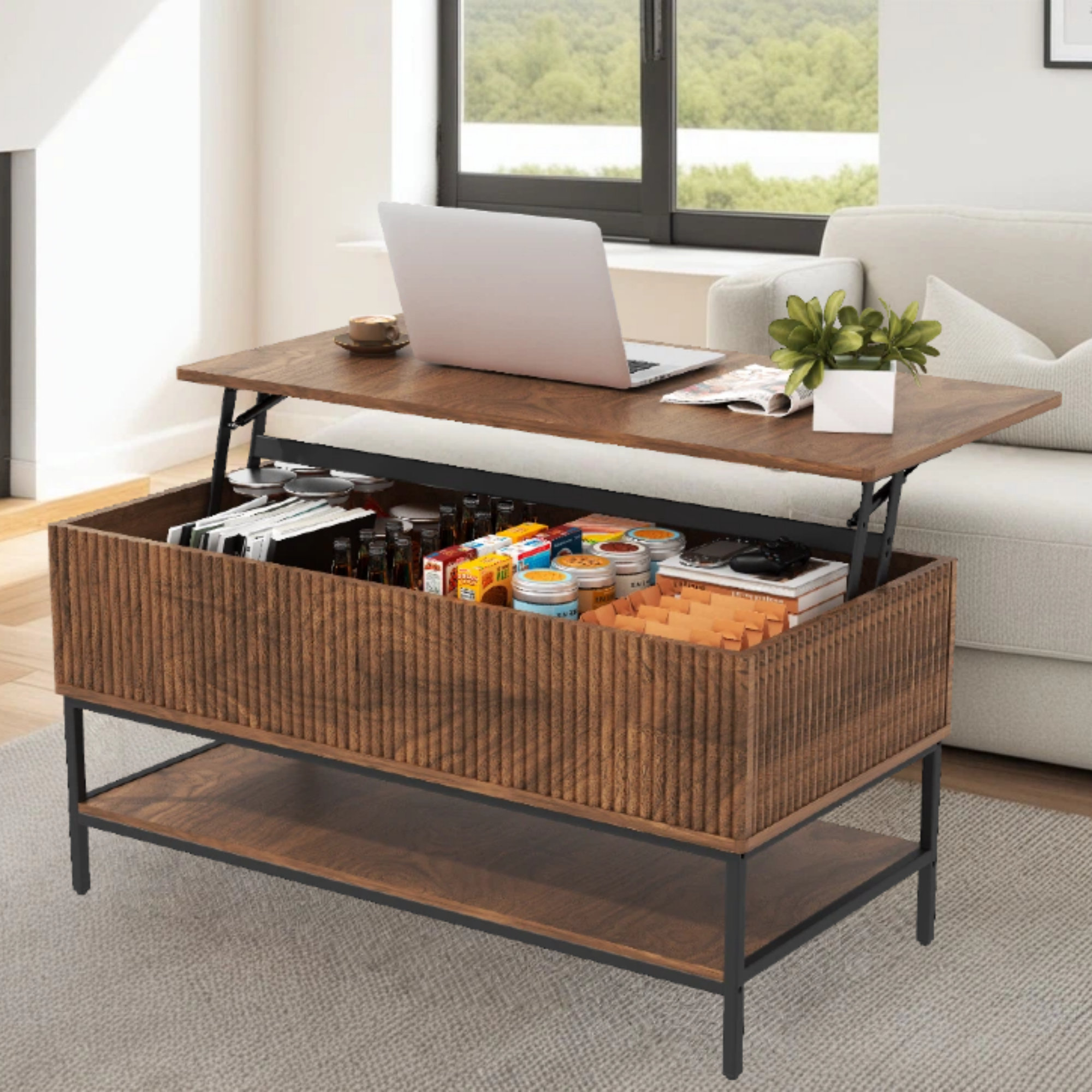 GlasFlength Farmhouse Lift-top Coffee Table With Hidden Storage, 39.4 ...