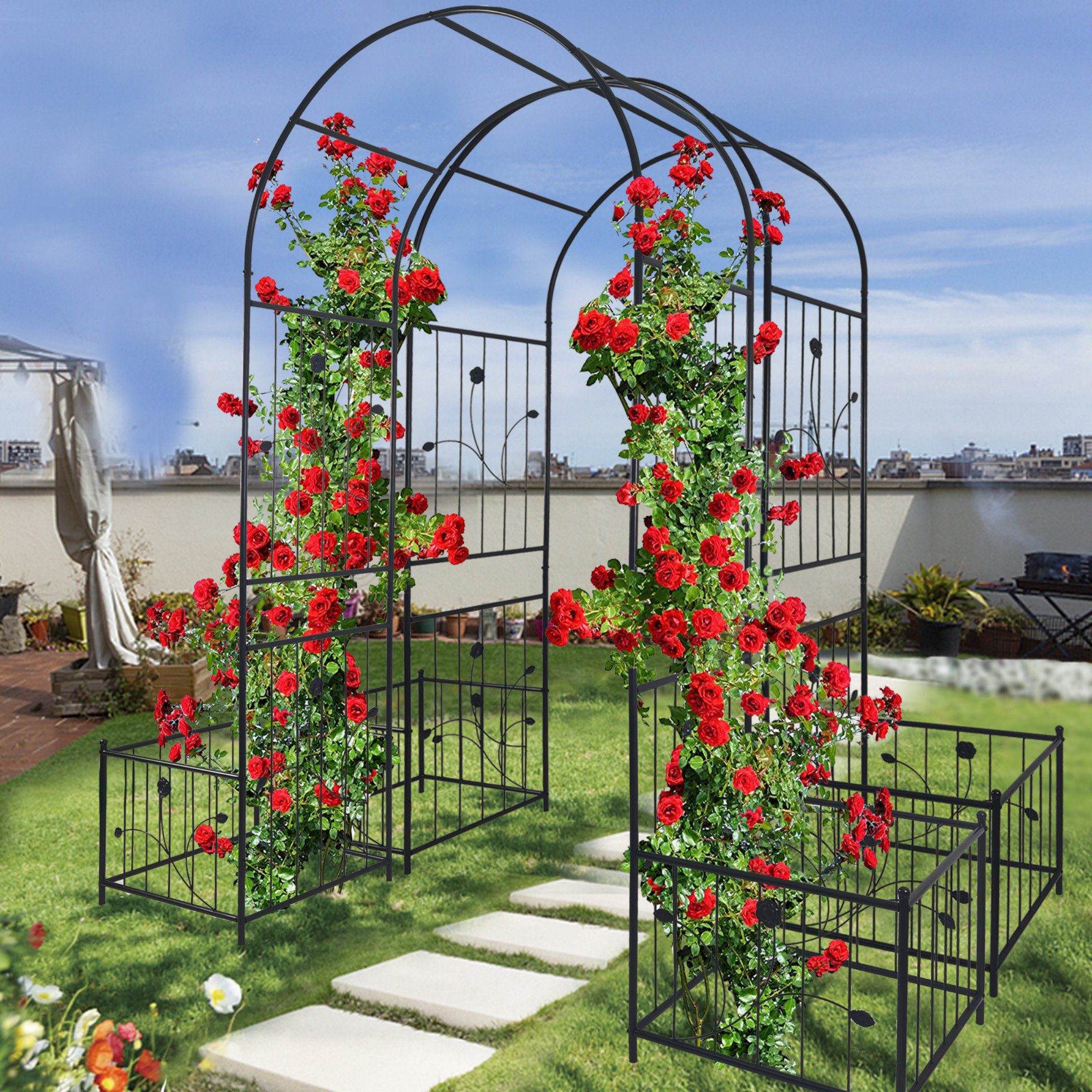 Winston Porter Metal Garden Arch with two plant stands | Wayfair