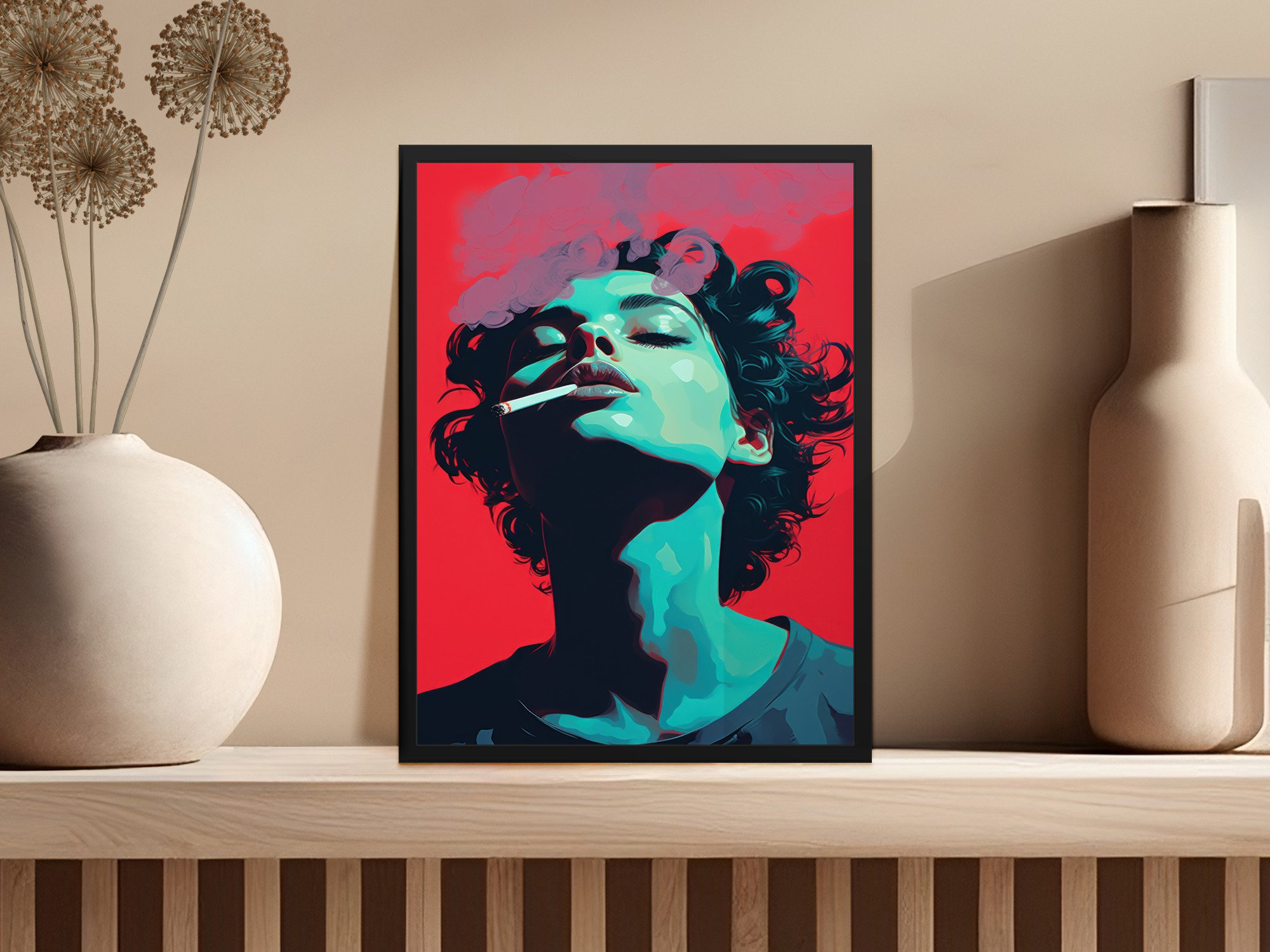 Brayden Studio Woman Smoking Cigarette Bold Red Background Art Framed ...
