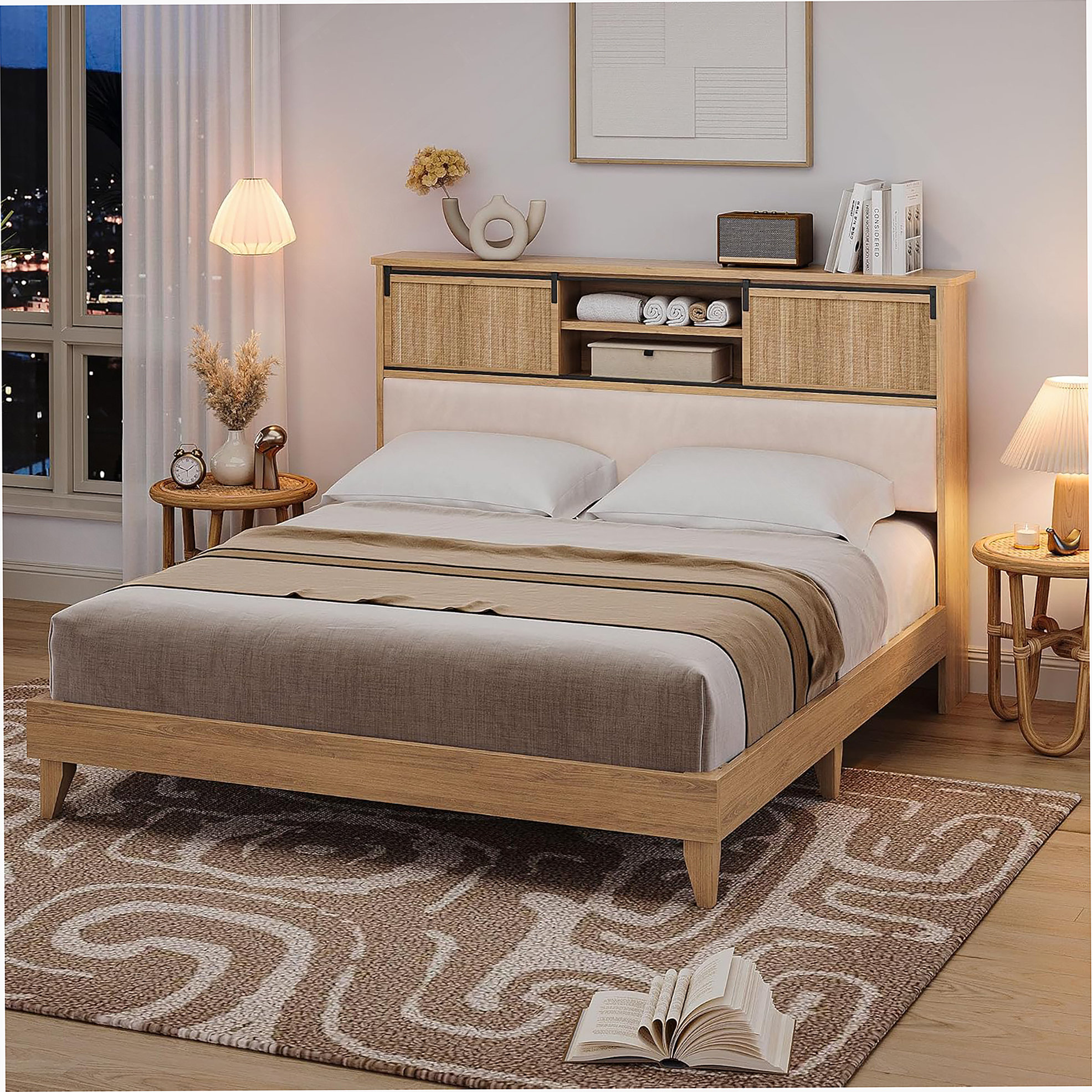 Bay Isle Home™ Bed Frame Queen with Shelves, Boho Queen Bed Frame with ...