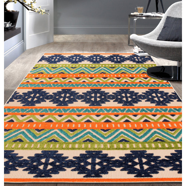 Steelside™ Heston Geometric Navy/Green/Orange Indoor & Outdoor Area Rug ...