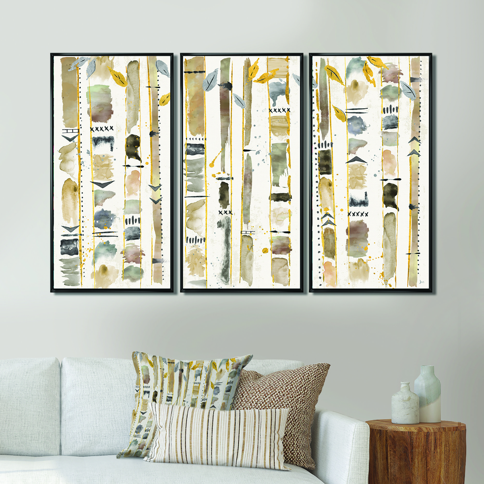 Orren Ellis Abstract Gold Birch Trees I - 3 Piece Painting on Canvas ...