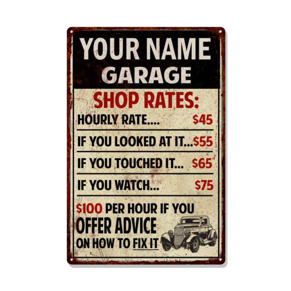 Chico Creek Signs Personalized Garage Shop Rates Sign Wall Décor | Wayfair