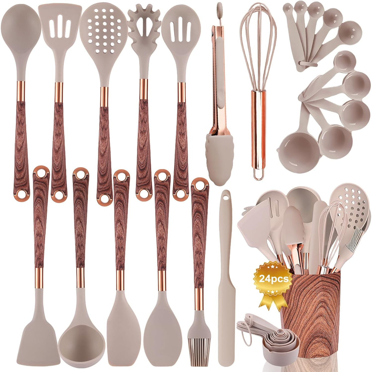 WKING 24-Piece Silicone Kitchen Utensil Set With Wood Pattern Handles ...