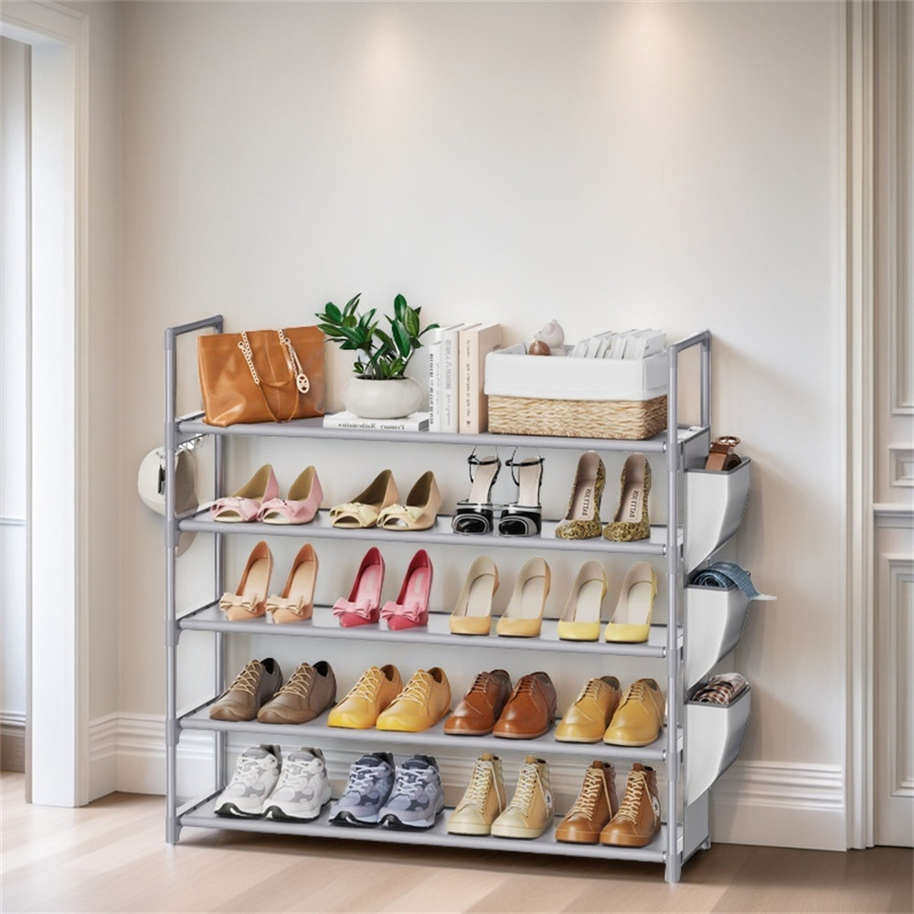 Latitude Run® 5-Layer Shoe Rack With Hooks And Side Pockets, Space ...