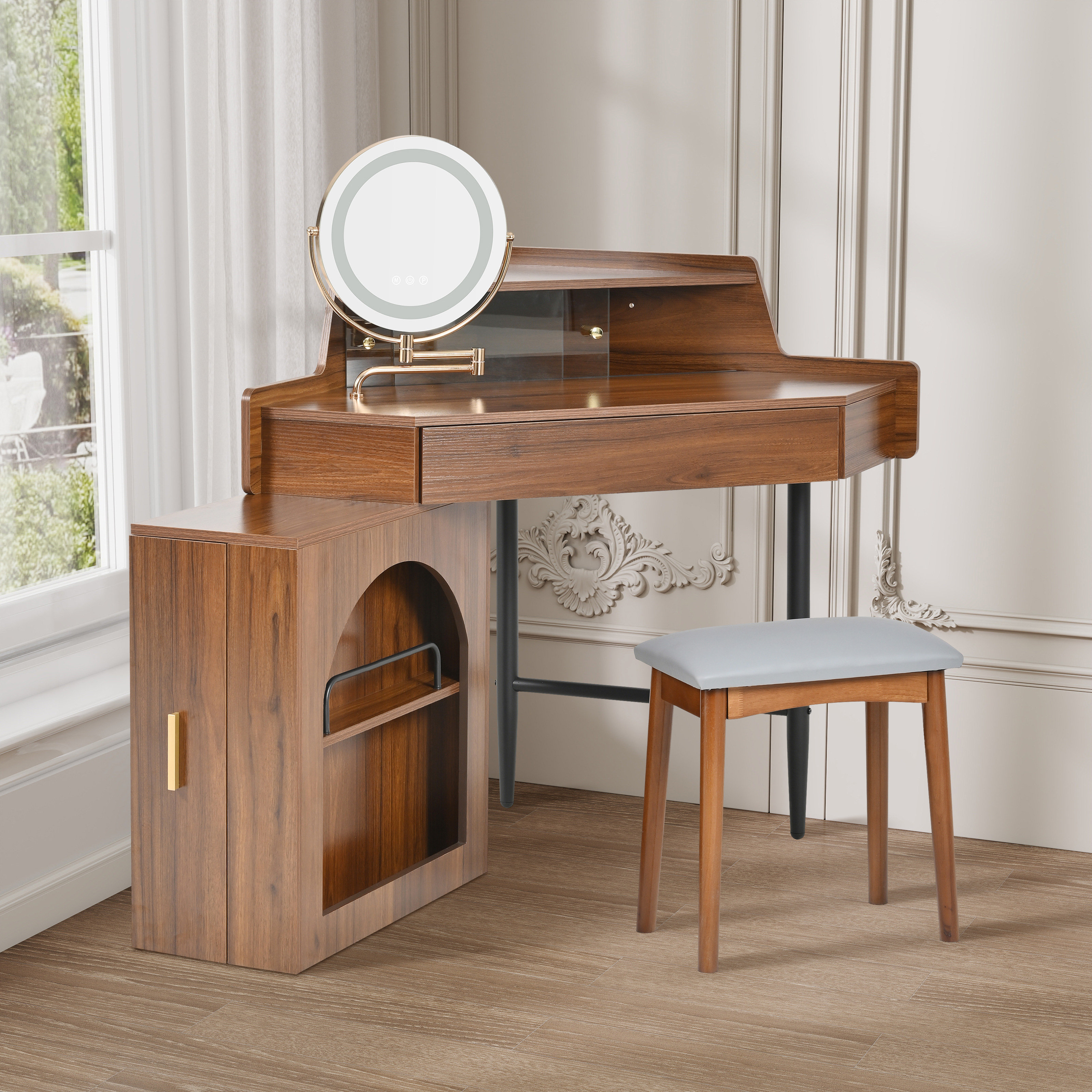 George Oliver Modern Corner Makeup Vanity Table With Mirror And Stool ...