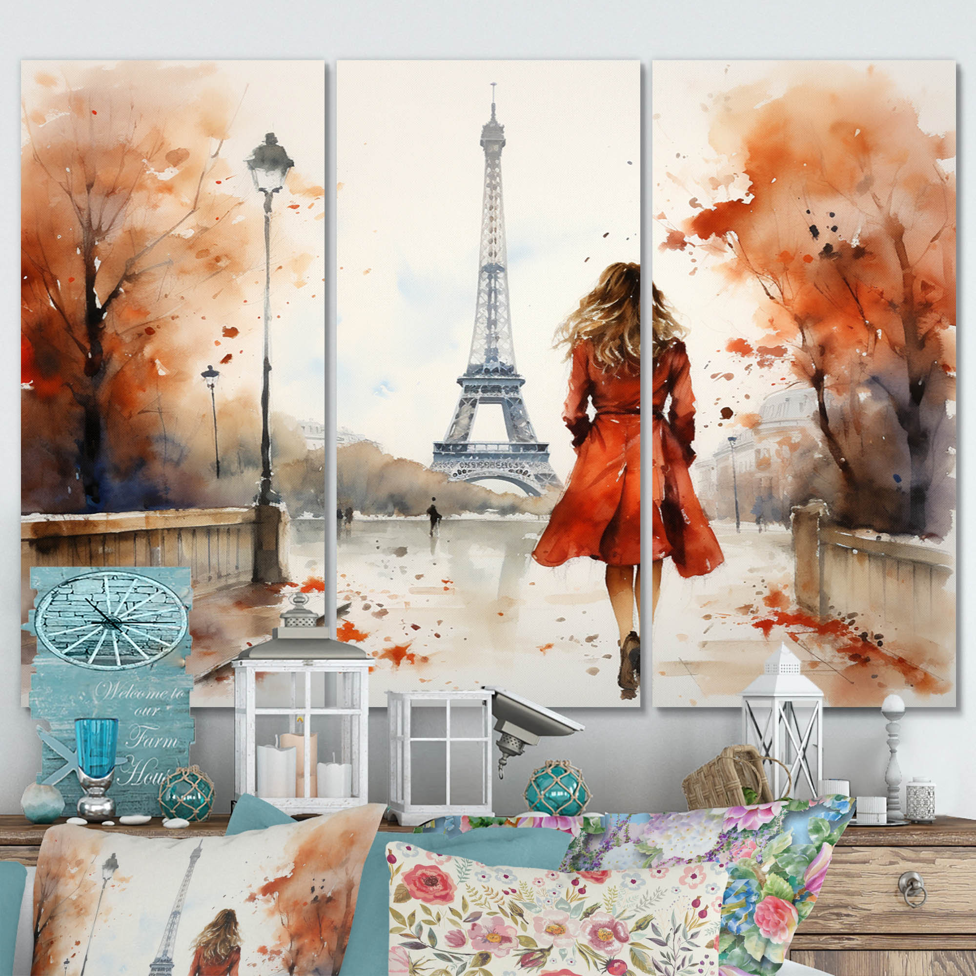 Design Art Lady In Red Vintage Paris Watercolor III - City Paris Canvas ...