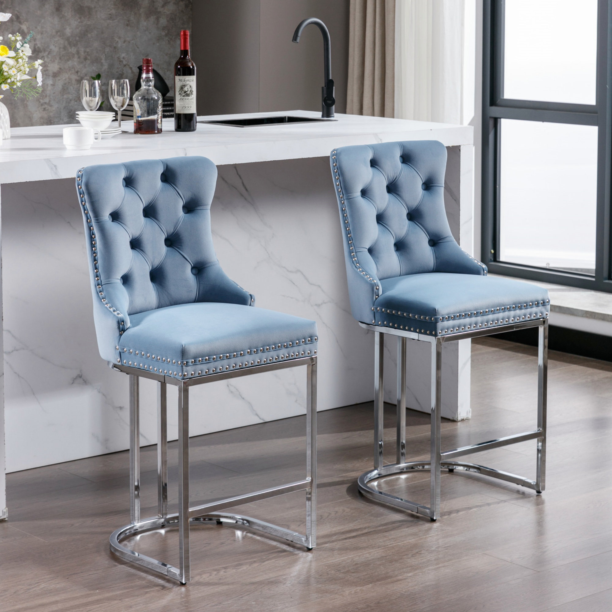 Rosdorf Park Stools Set Of 2, Modern Velvet Barstools With Button Back ...