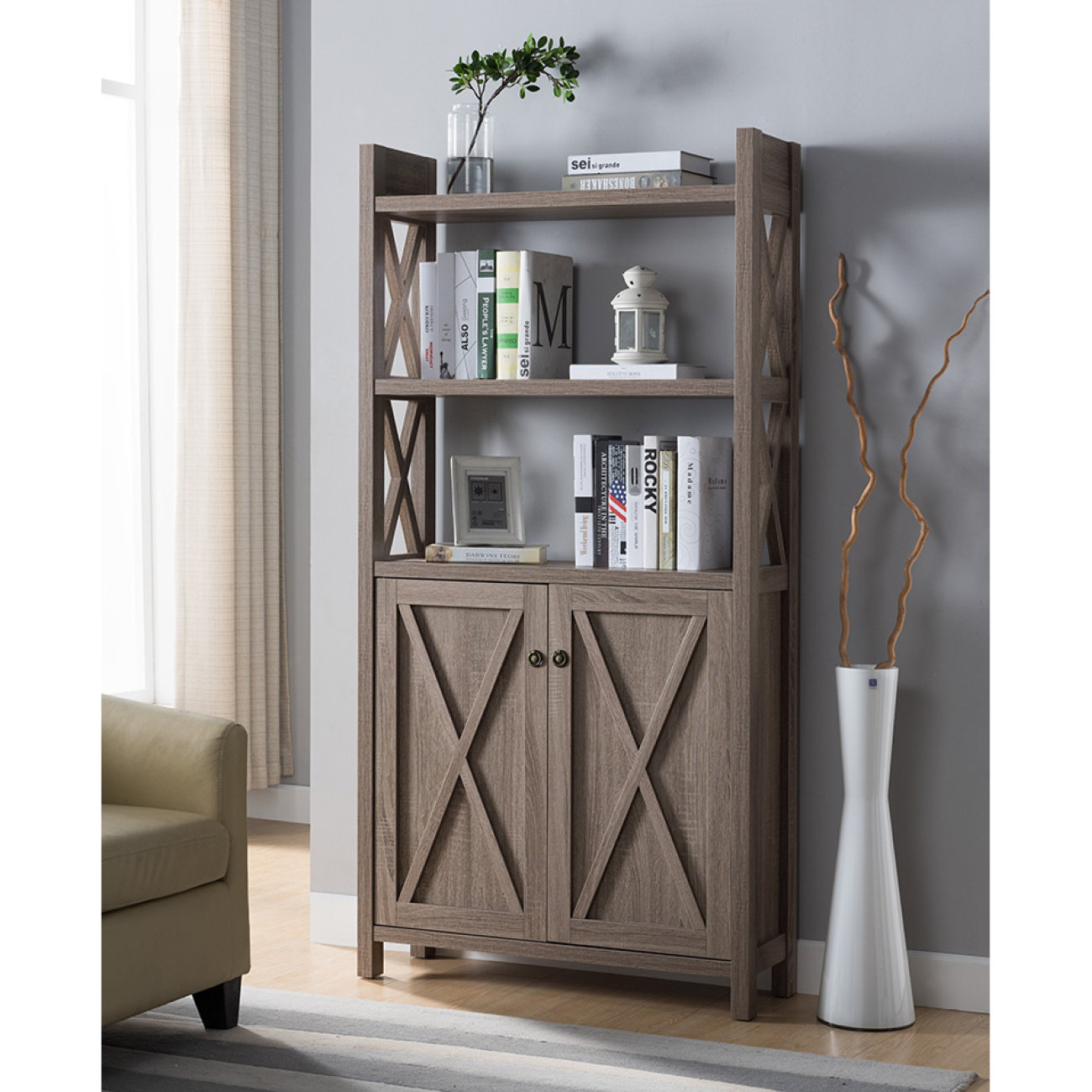 Gracie Oaks Crosshatch Display, Home Storage Cabinet With Two Top ...