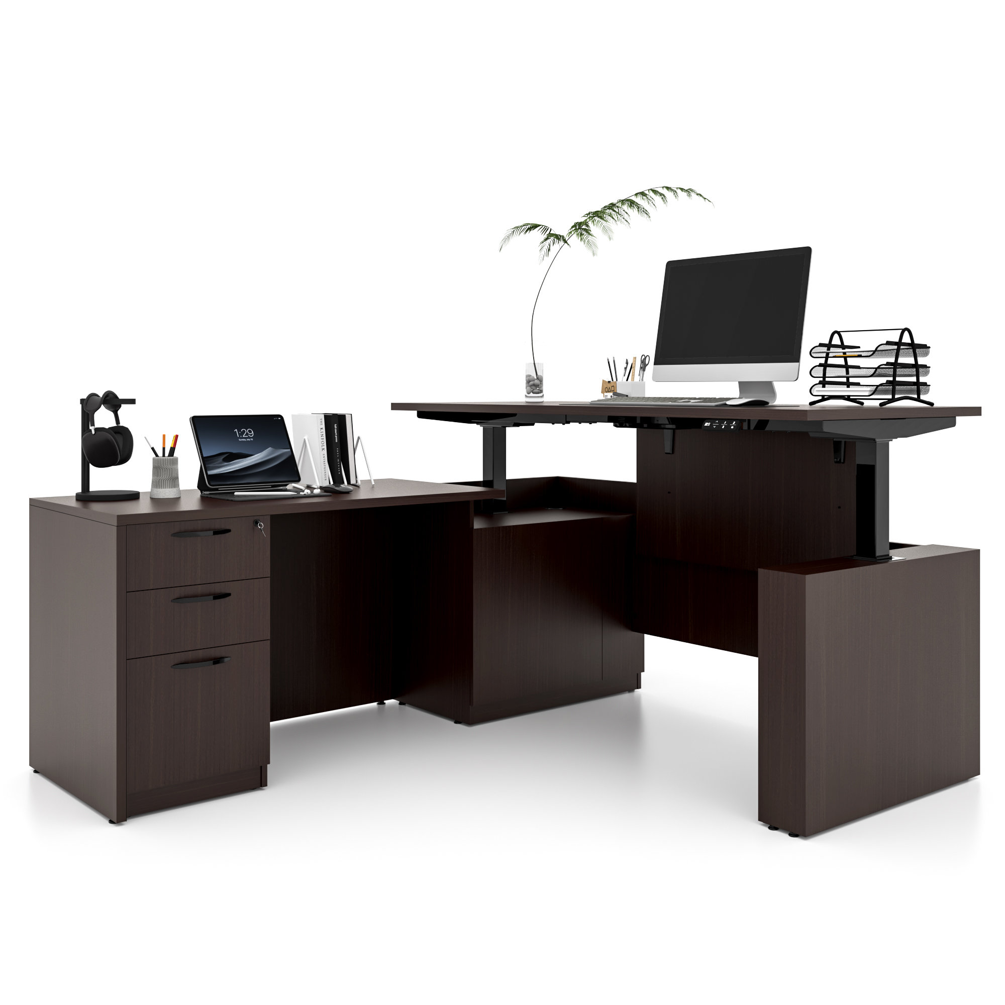 Inbox Zero 66.93" L Shaped Executive Standing Desk With File Cabinet ...