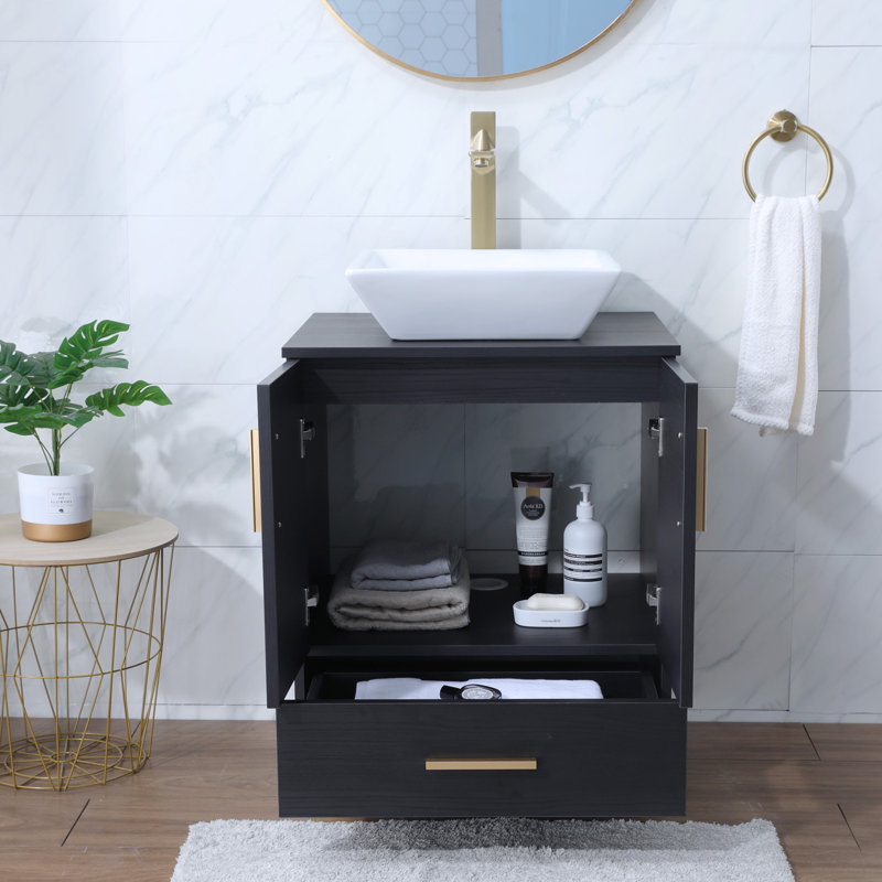 Mercer41 Nicson 24" Black Modern Vessel Single Bathroom Vanity with ...