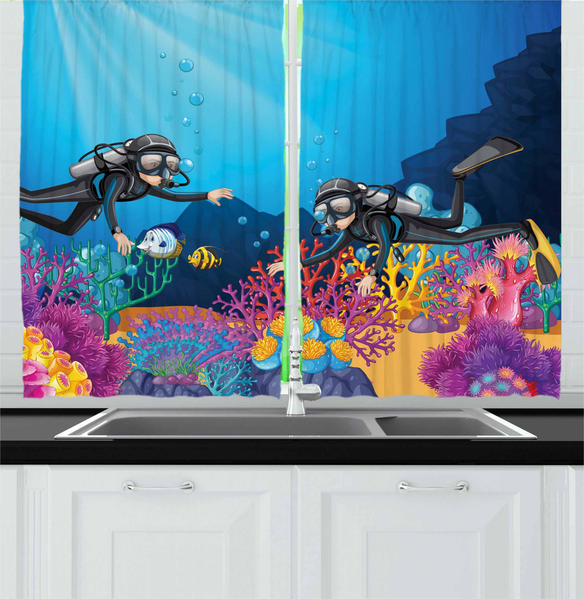 East Urban Home 2 Piece Deep Sea Scuba Diving Themed Cartoon Graphic of ...
