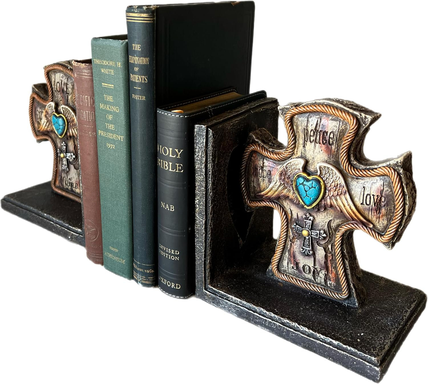 MEBROT Wing Cross Bookend Set - Inspirational Words - Peace, Love, Hope ...