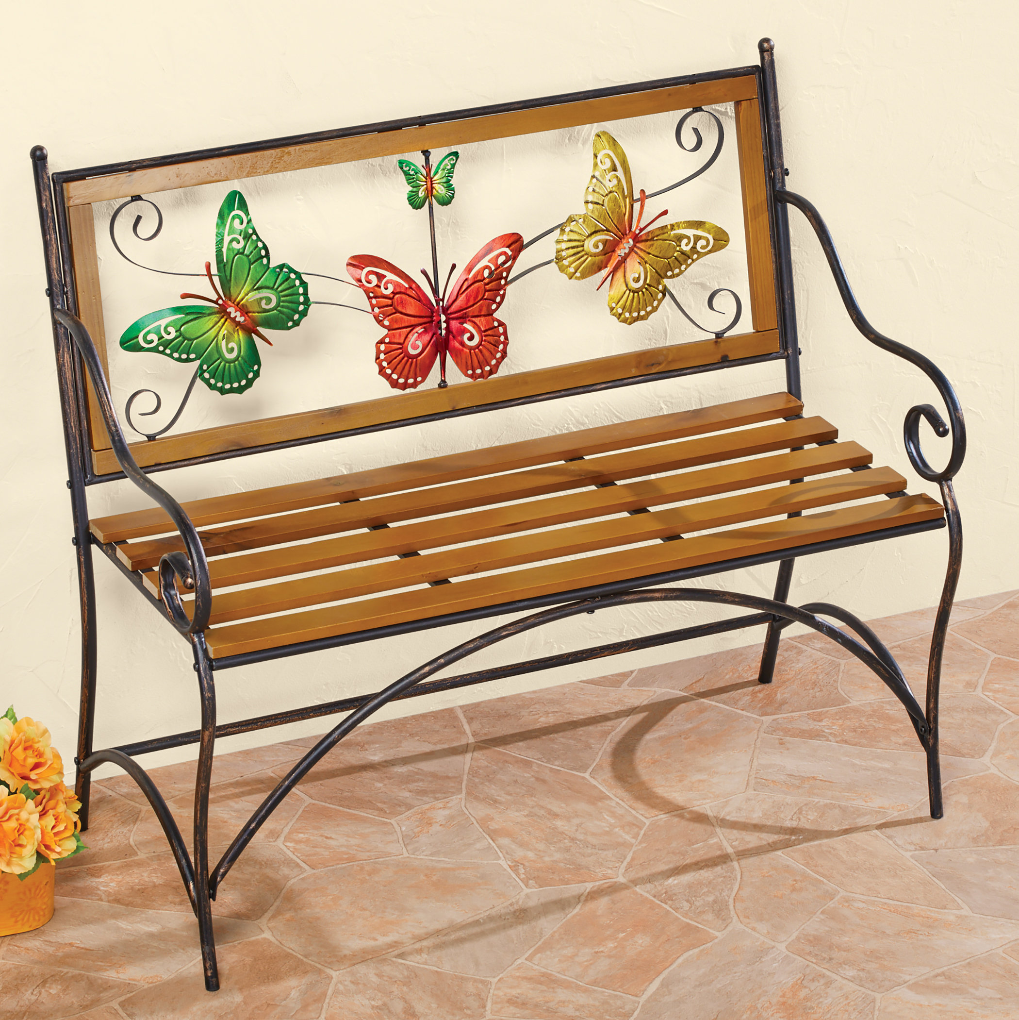 Winston Porter Scrolling Butterflies Metal & Wood Garden Bench ...