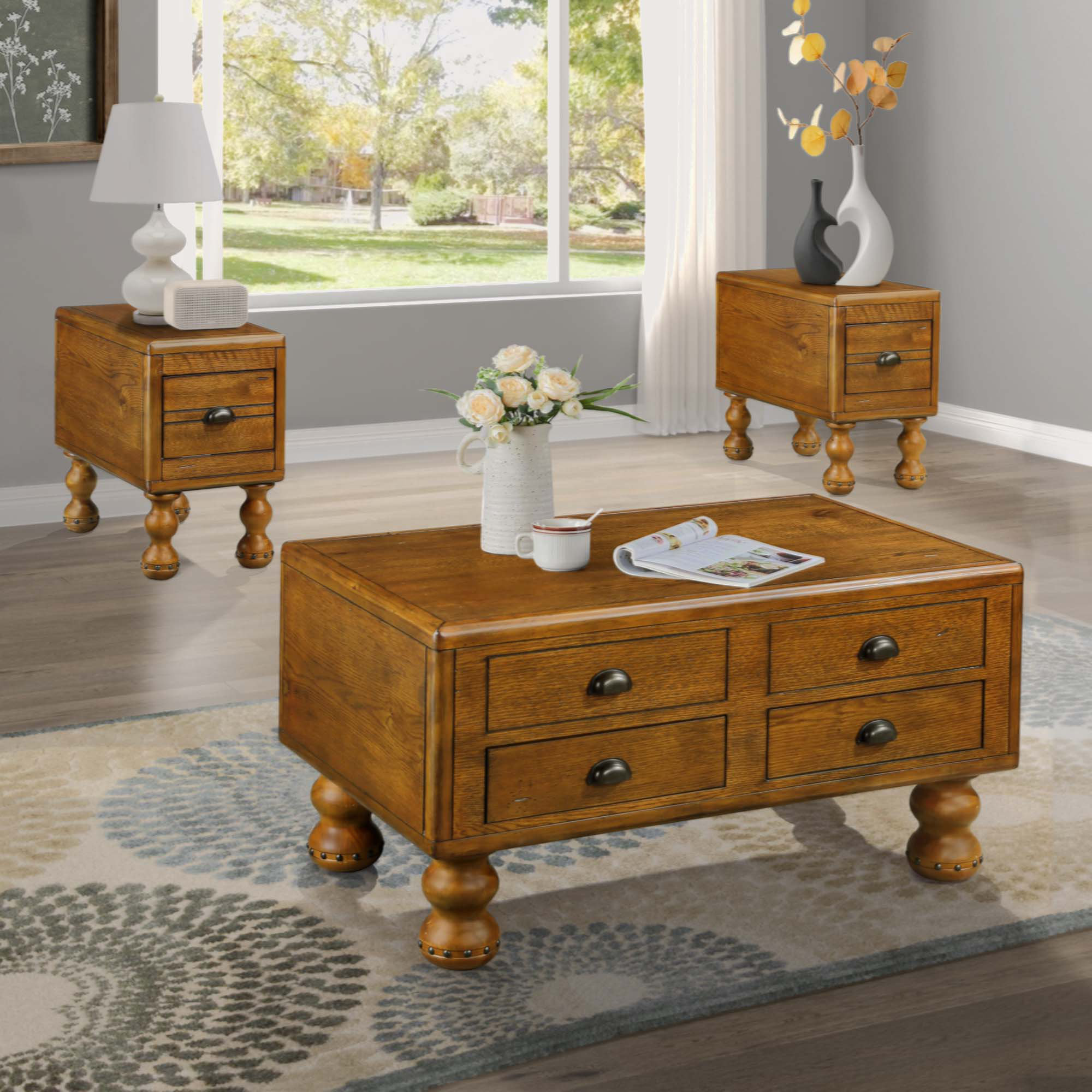 Canora Grey Rectangle Living Room Coffee Table Set, 3-Piece Solid Wood ...