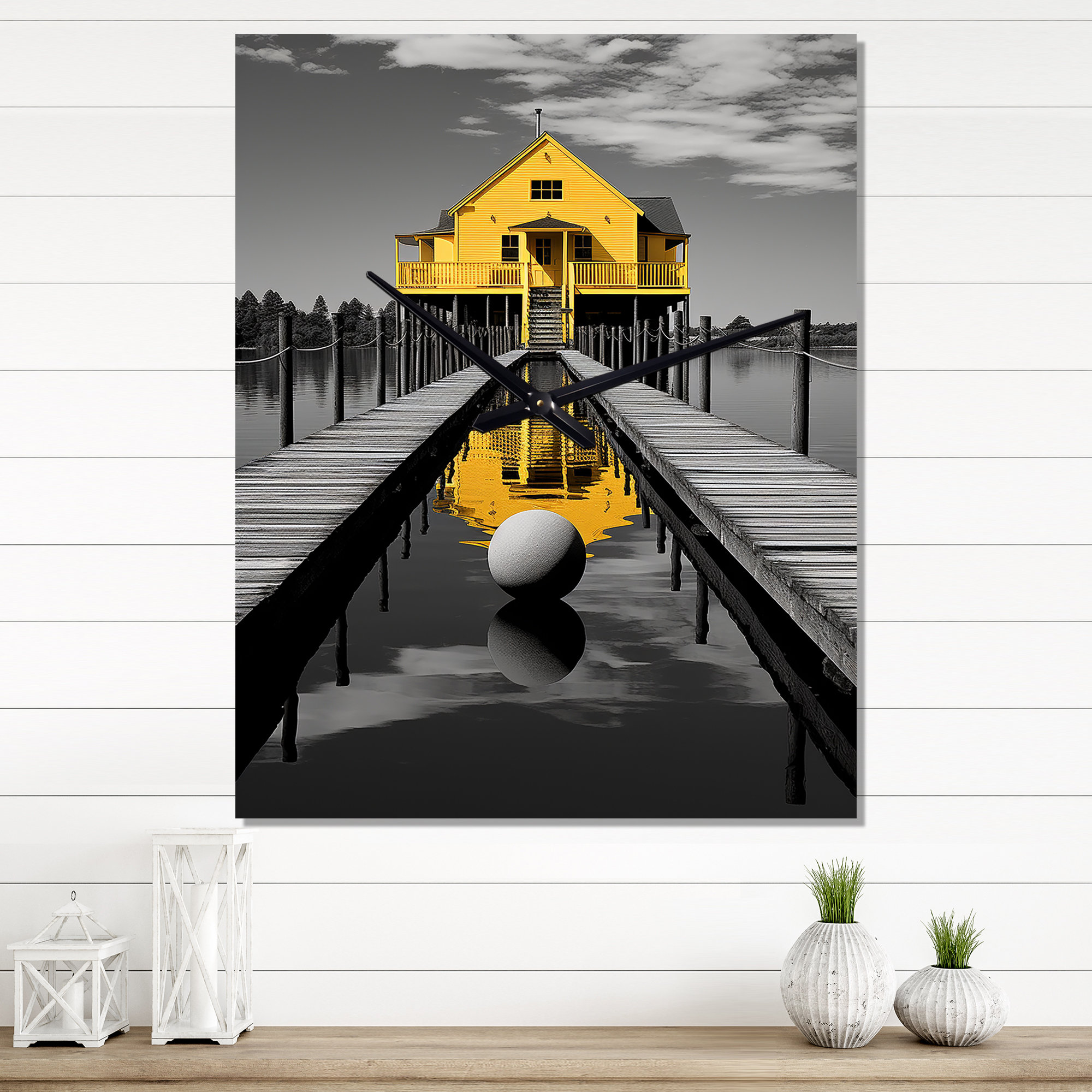 Design Art Yellow Lakehouse Pier Reflections I - Cottage Modern Wall ...