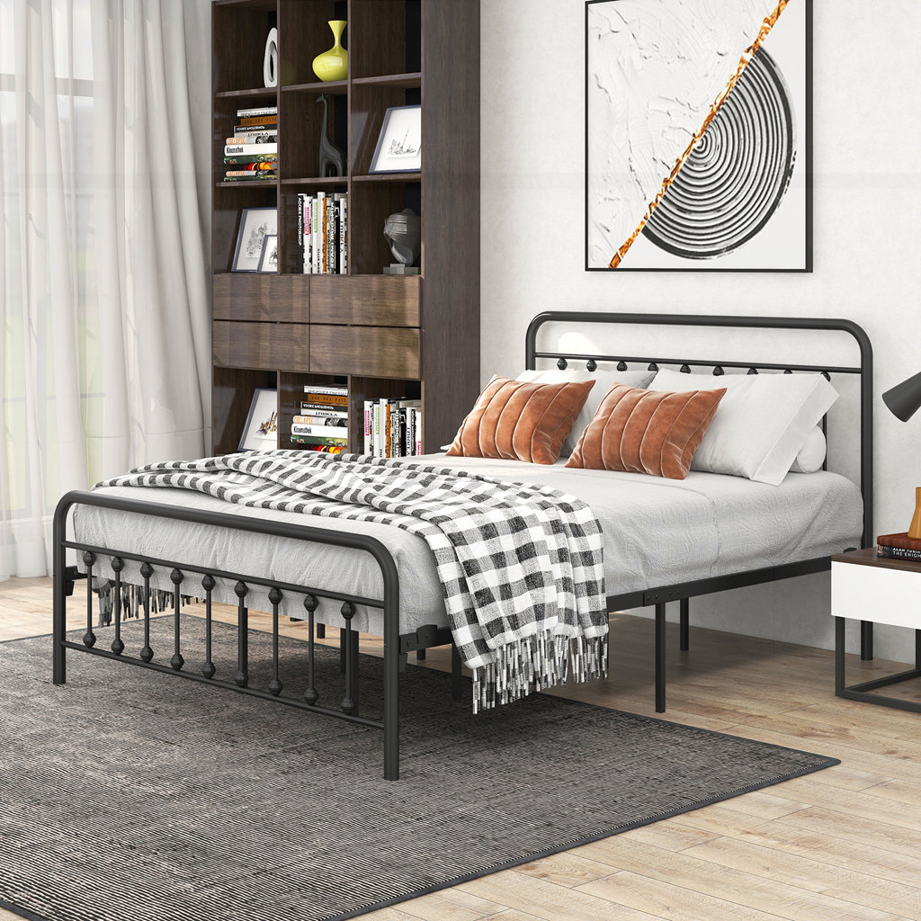 17 Stories Metal Platform Bed Frame with Vintage Headboard and ...