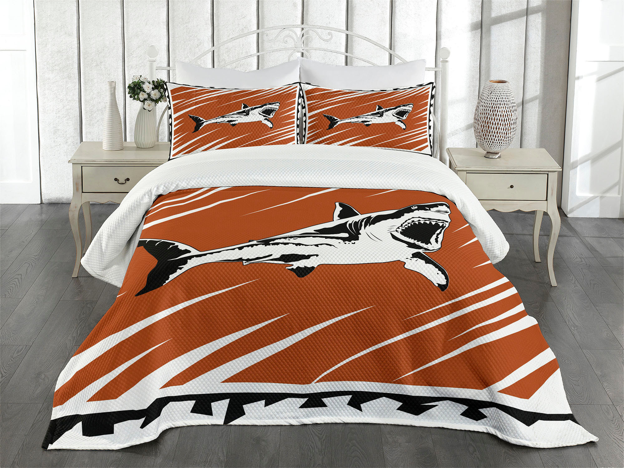 Ambesonne Shark Bedspread Set Killer Ocean Creature Black White Burnt ...