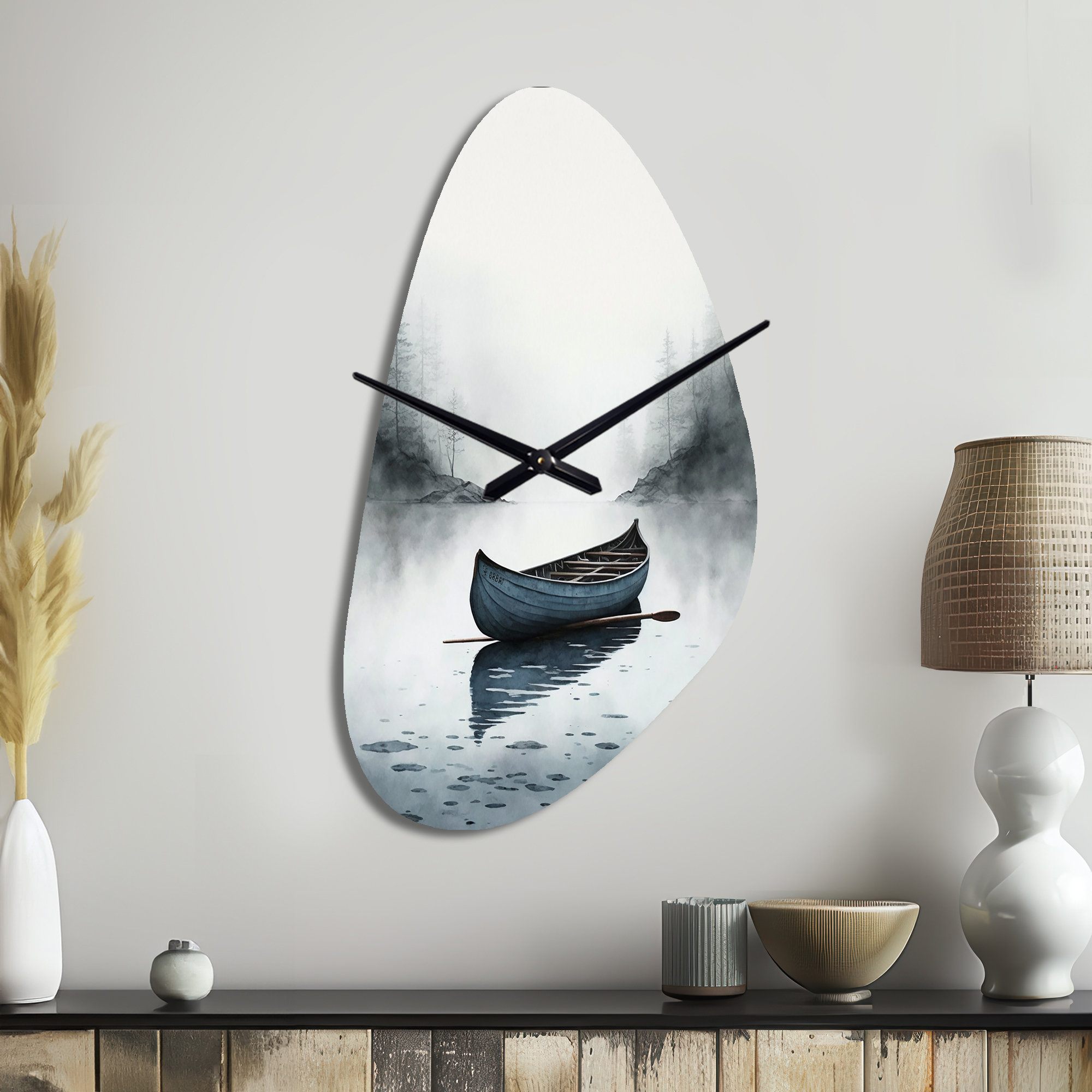 Design Art Canoe On The Lake I - Boat Asymmetrical Metal Wall Clock ...