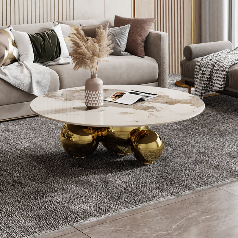 Everly Quinn 39.4" Modern Round Coffee Table with Glossy Sintered Stone ...
