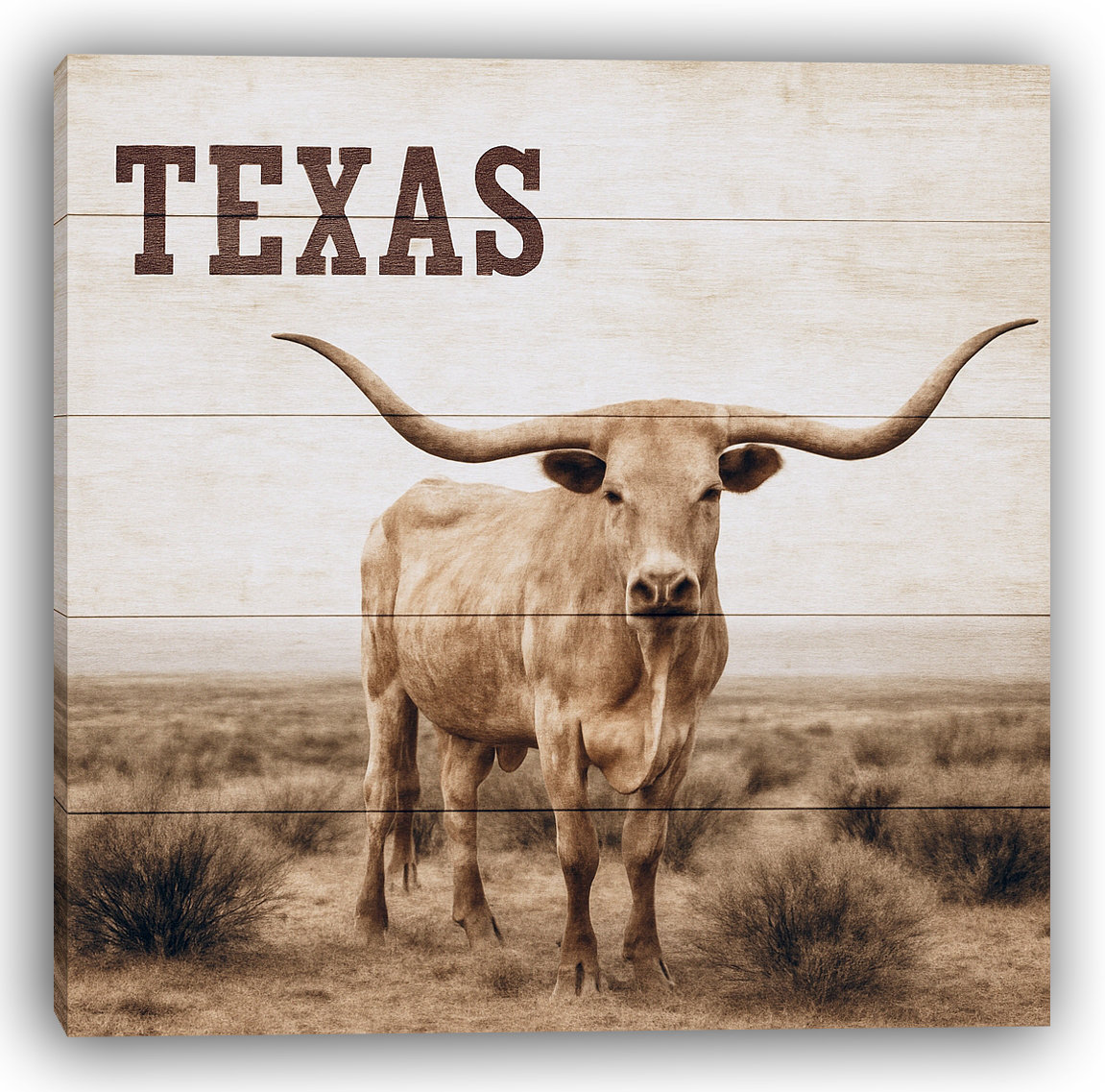 August Grove® Texas Pride – Rustic Longhorn on Wood Panel Canvas Wall ...