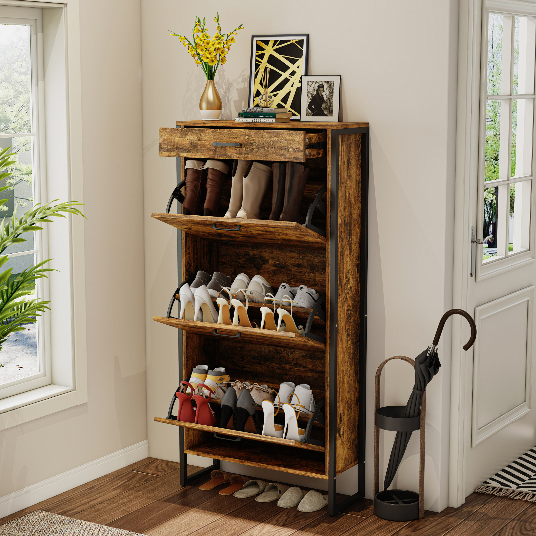 Latitude Run® Shoe Storage Cabinet With 3 Flip Drawers&1 Drawer, Slim ...